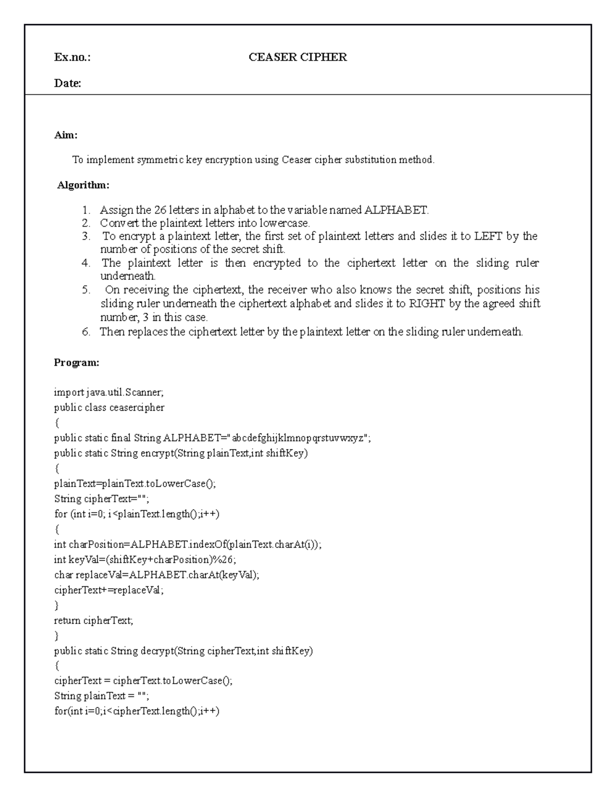 Ex 1 - experiments - Ex.: CEASER CIPHER Date: Aim: To implement symmetric key encryption using ...
