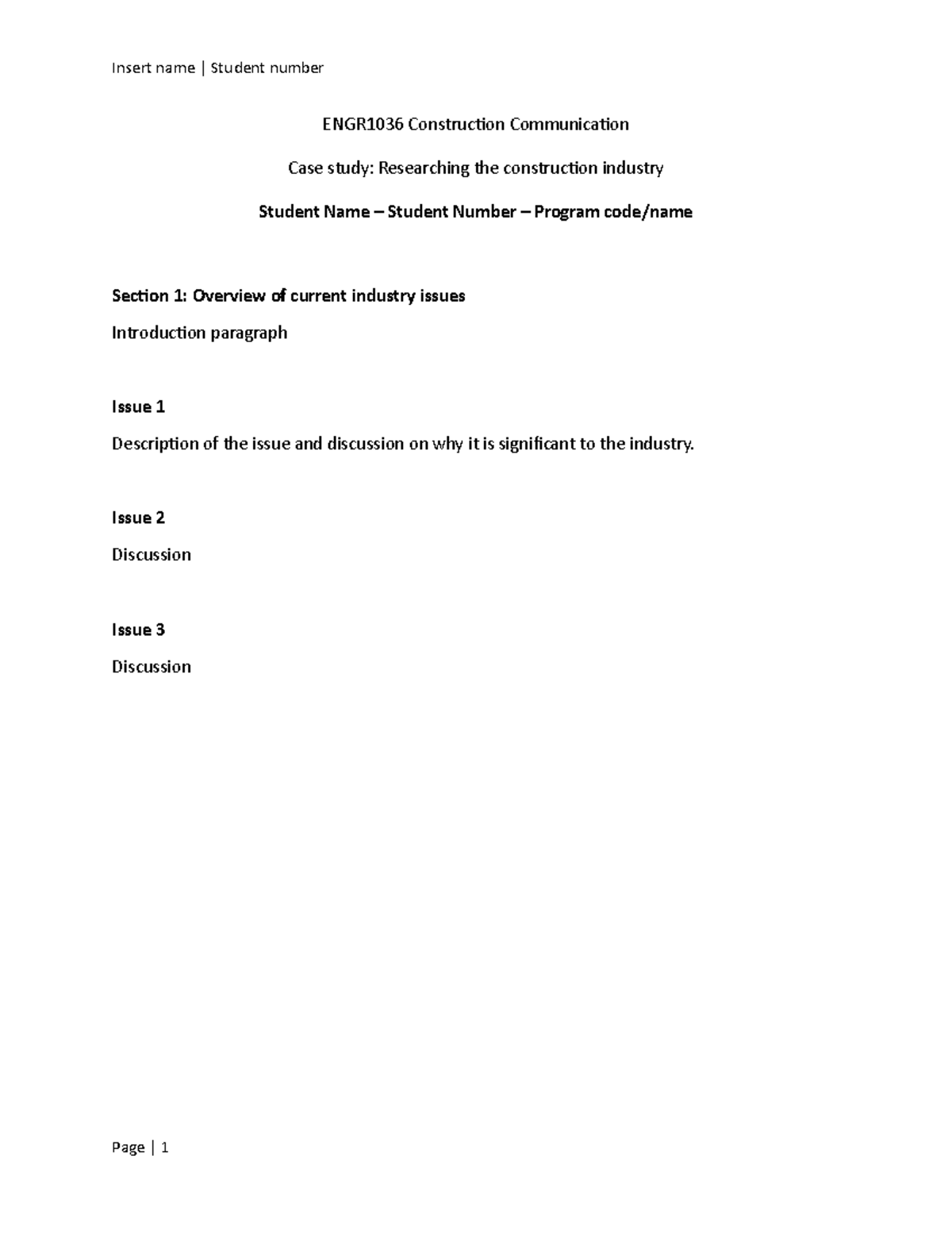 Assessment 2 report template - Insert name | Student number ENGR1036 ...