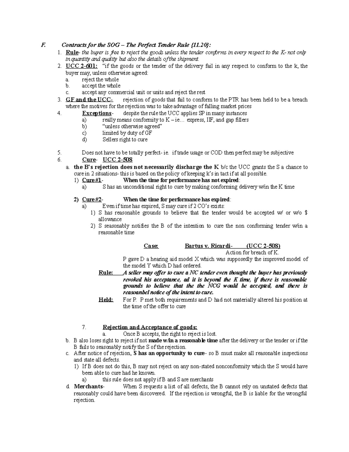 Contracts Law Outline - 1 - F. Contracts for the SOG – The Perfect ...