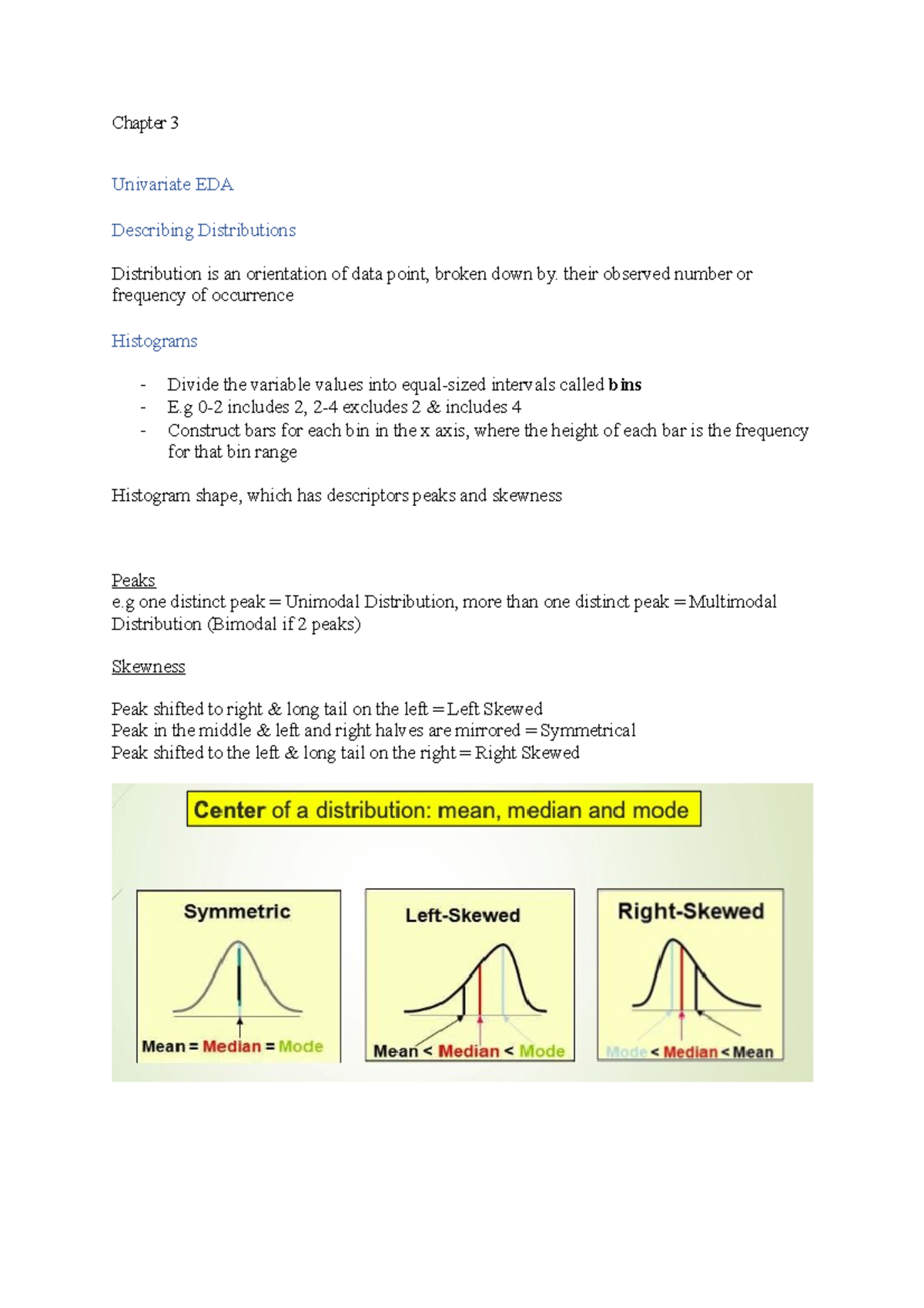 Chapter 3 - Final notes - Chapter 3 Univariate EDA Describing ...