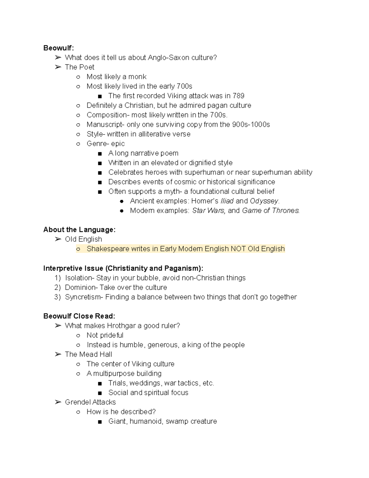 English 203 Notes - Dr. Jeffery's overview and a close-read of Beowulf ...