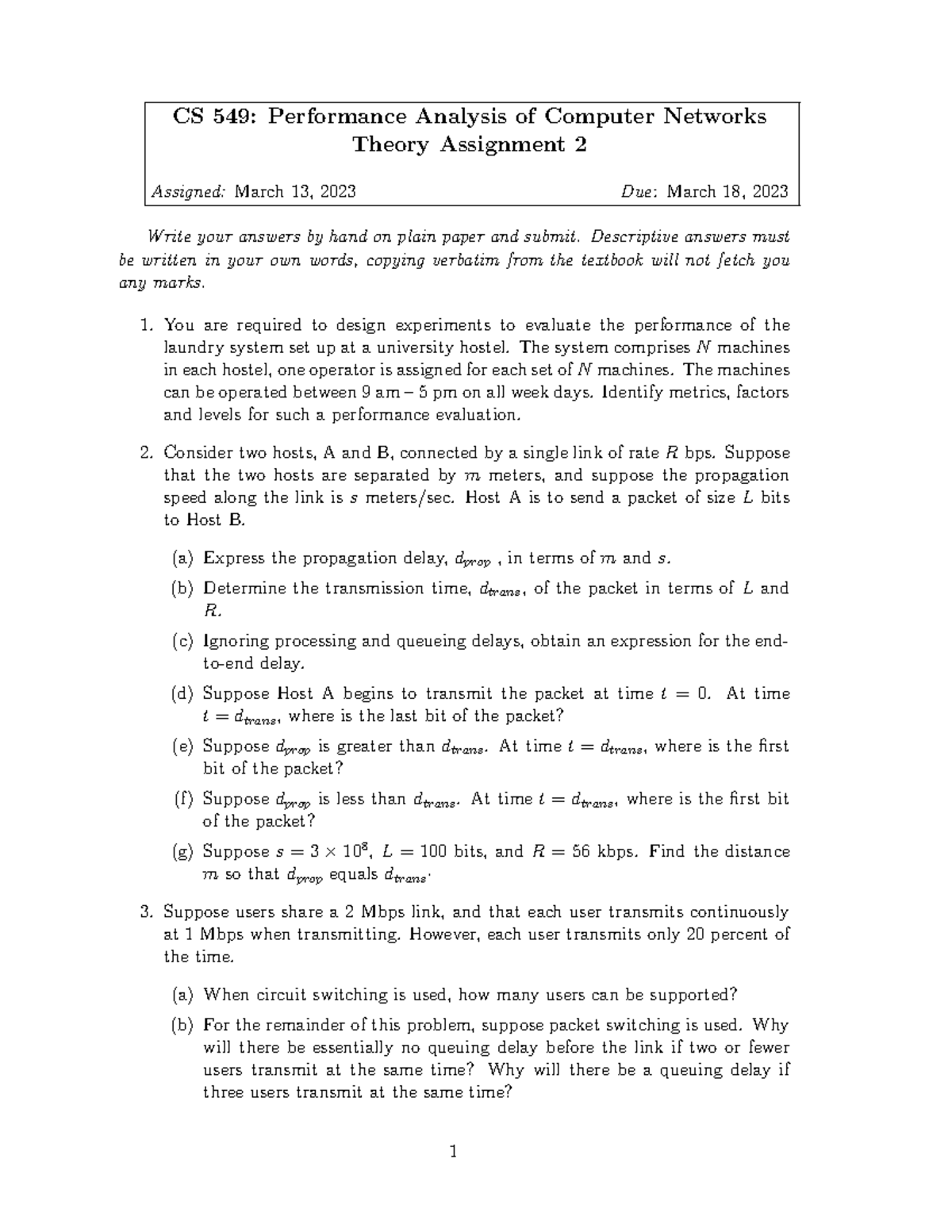 CS549 TA2 2023 - CS 549: Performance Analysis of Computer Networks Theory Assignment 2 Assigned ...