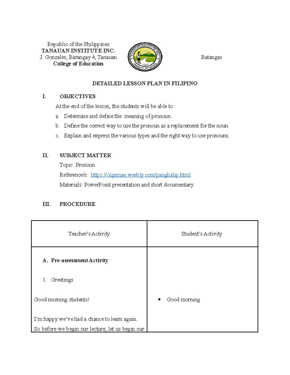 2 ENG 2 Criset - Lesson Plan - Republic of the Philippines TANAUAN ...