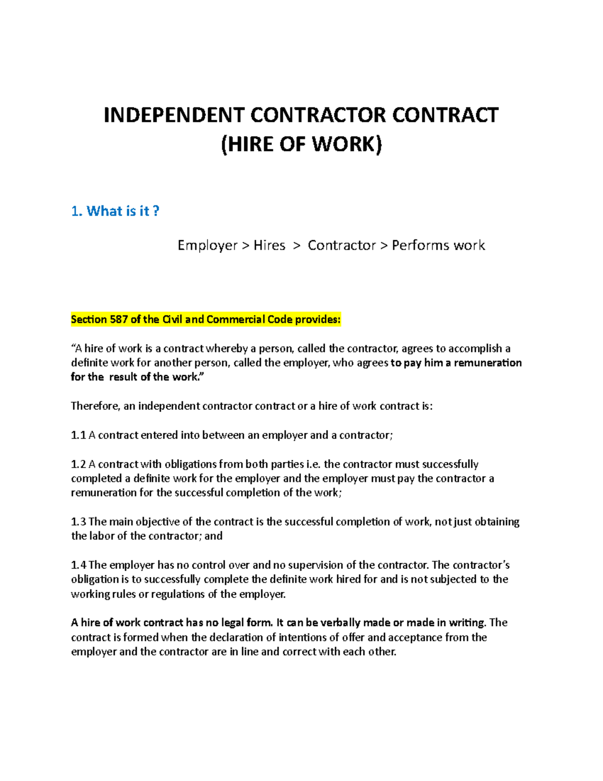 Independent Contractor Contract (HIRE OF WORK) - INDEPENDENT CONTRACTOR ...