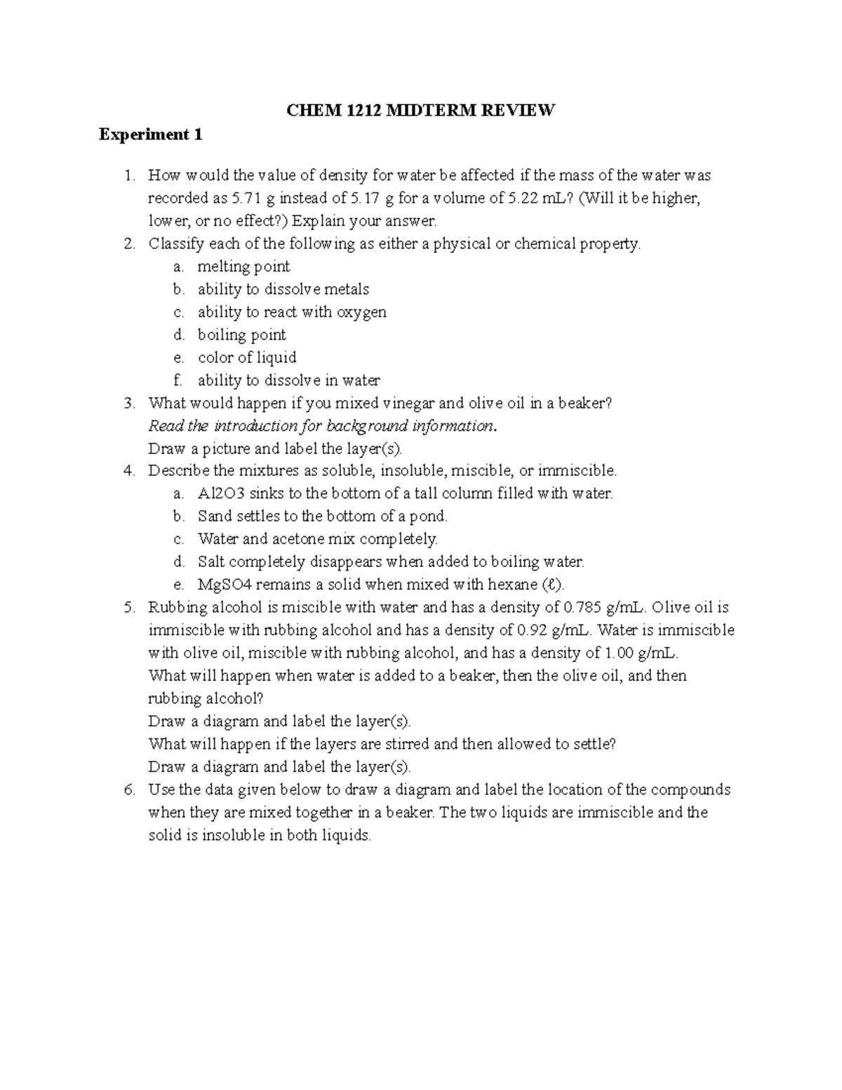 Untitled document - questions from study questions - CHEM 1212 MIDTERM REVIEW Experiment 1 How ...