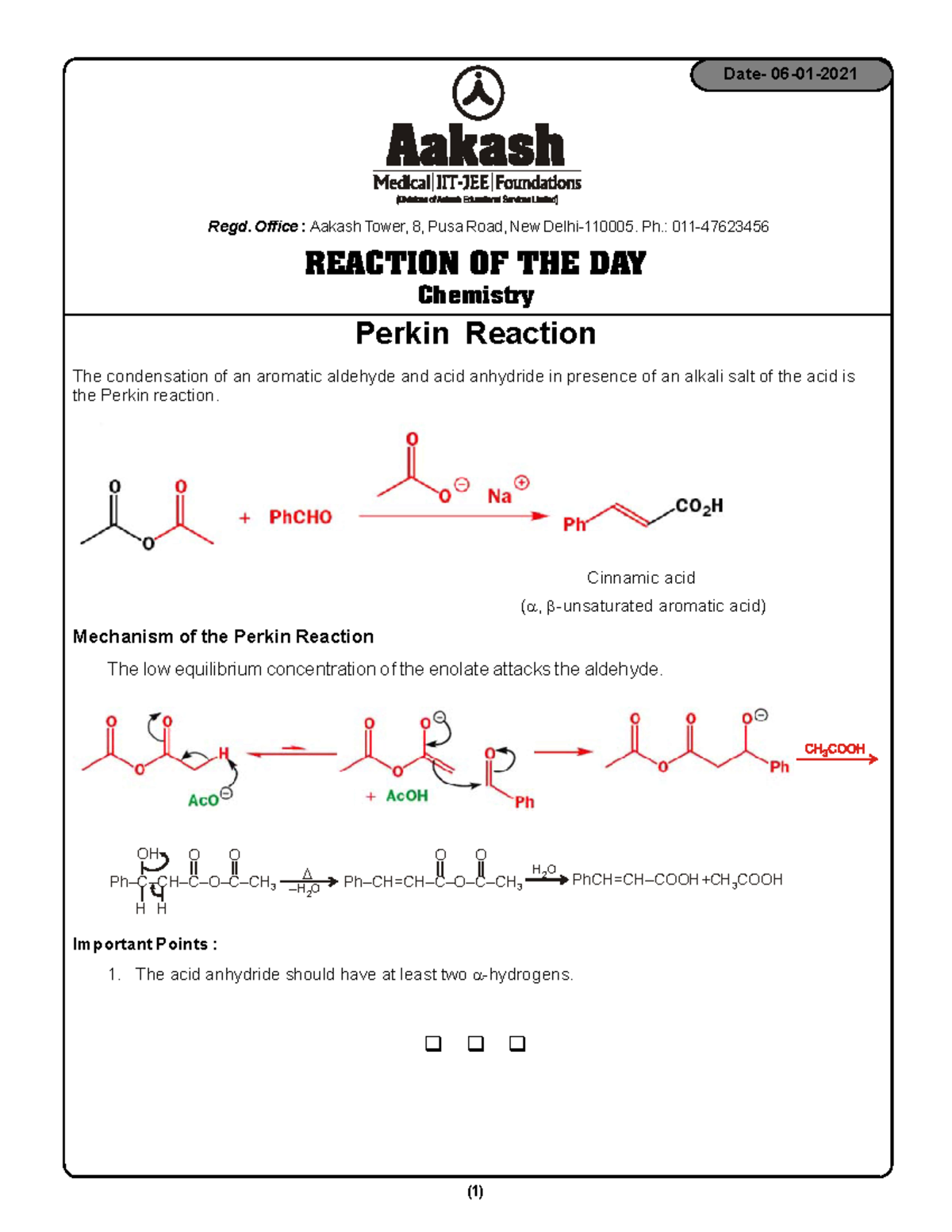 Perkin Reaction - Cinnamic acid ( , -unsaturated aromatic acid ...