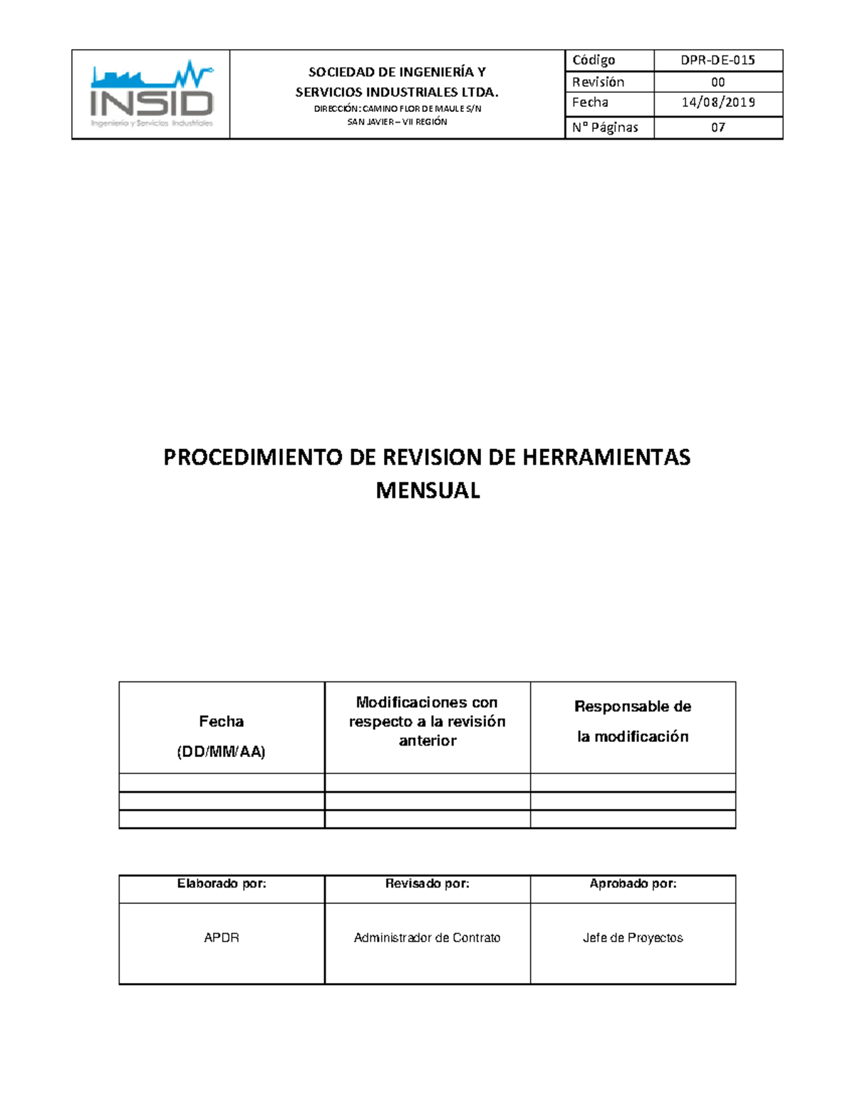 DPR-DE-015 Revisión de herramientas mensuales - SOCIEDAD DE INGENIERÍA ...