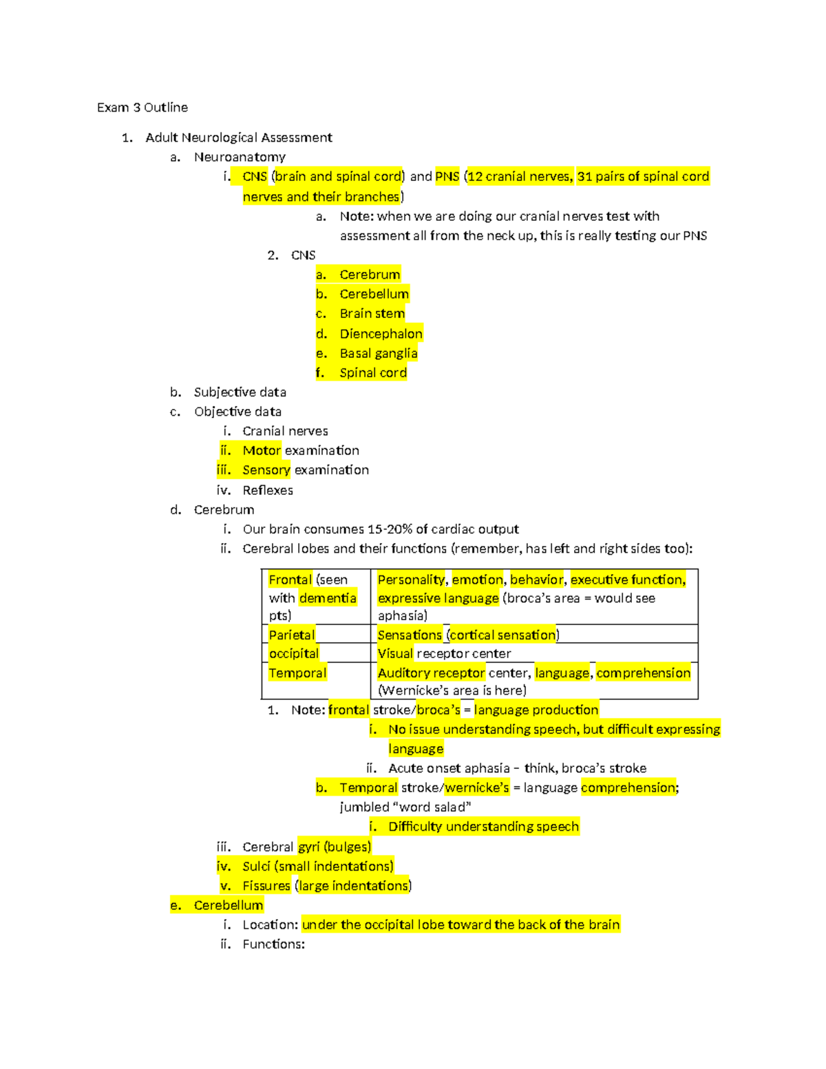 Exam 3 Outline - Exam 3 notes - Exam 3 Outline 1. Adult Neurological ...
