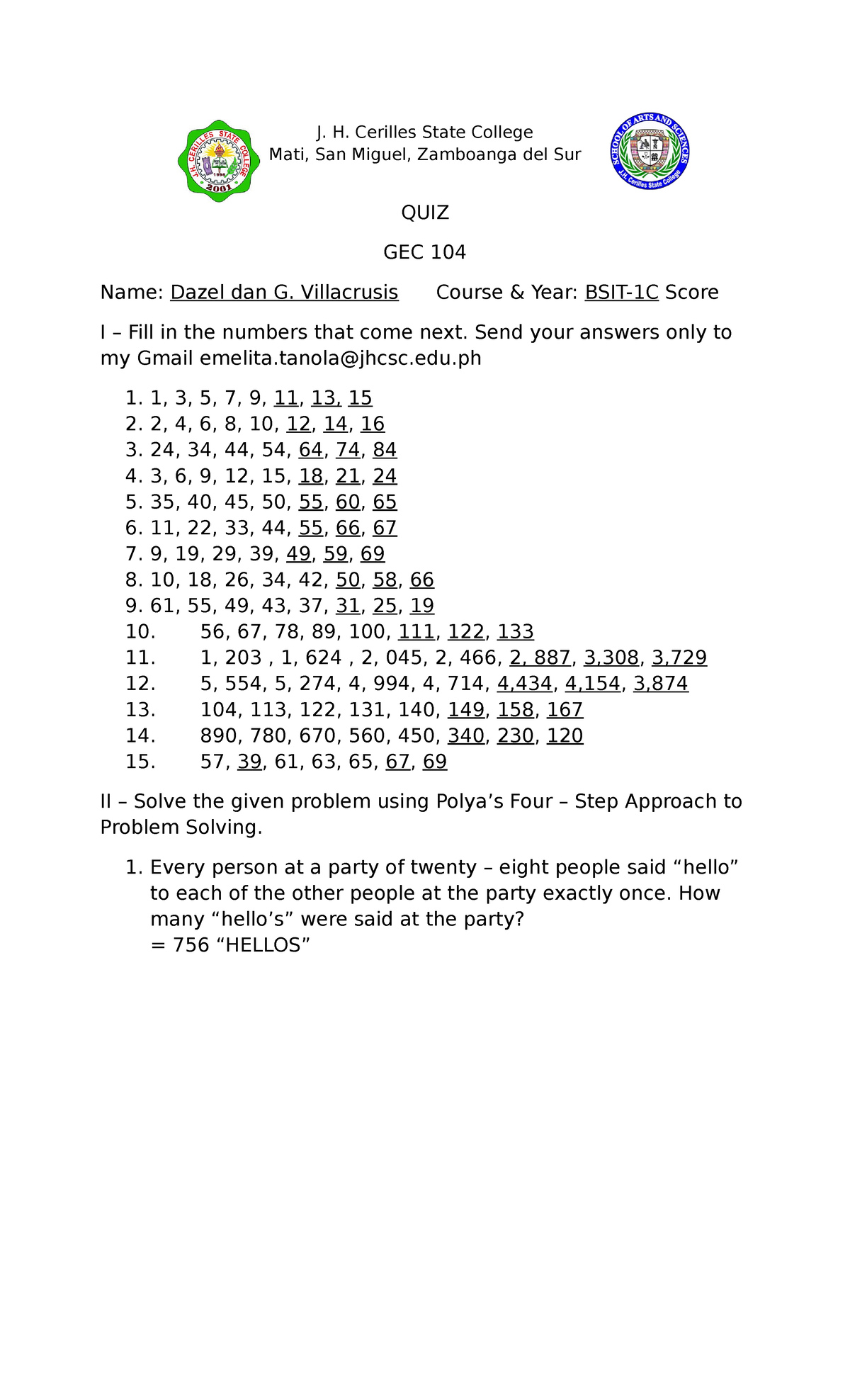 GEC 104 Quiz (sequence) - J. H. Cerilles State College Mati, San Miguel ...