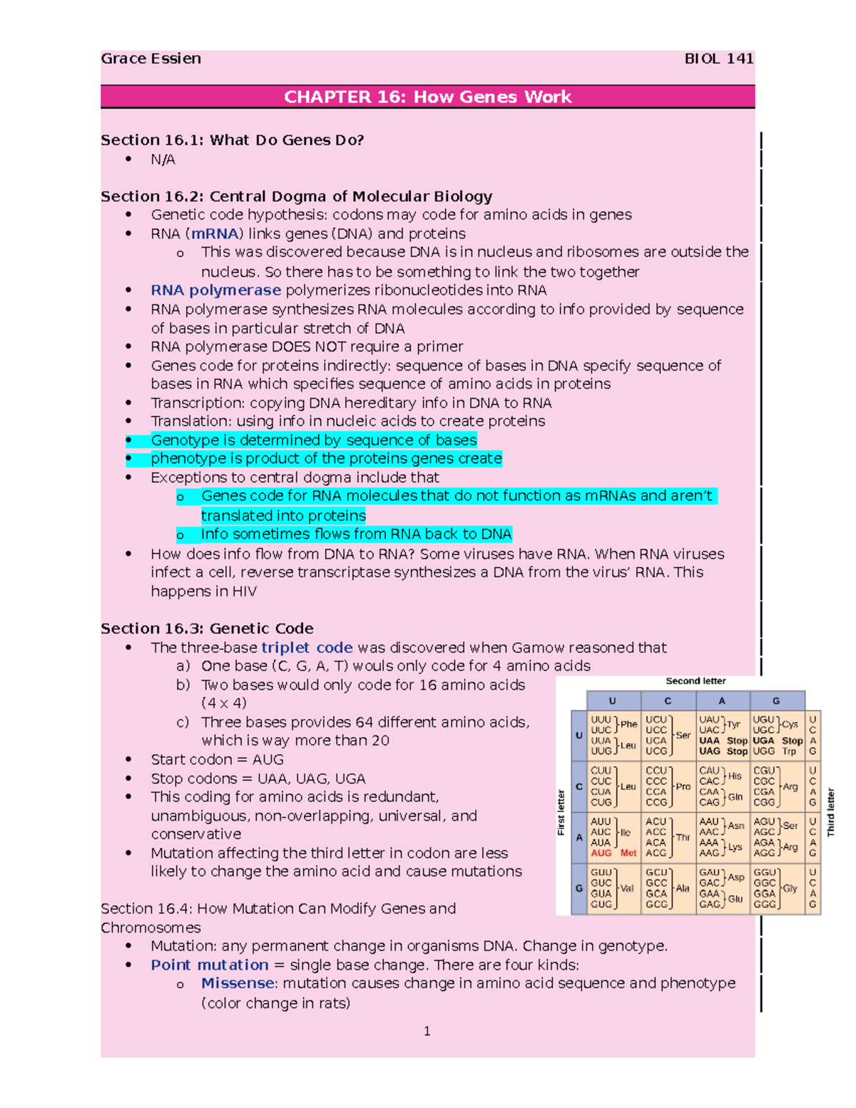 BIOL142 Exam 1 Notes - CHAPTER 16: How Genes Work Section 16: What Do ...