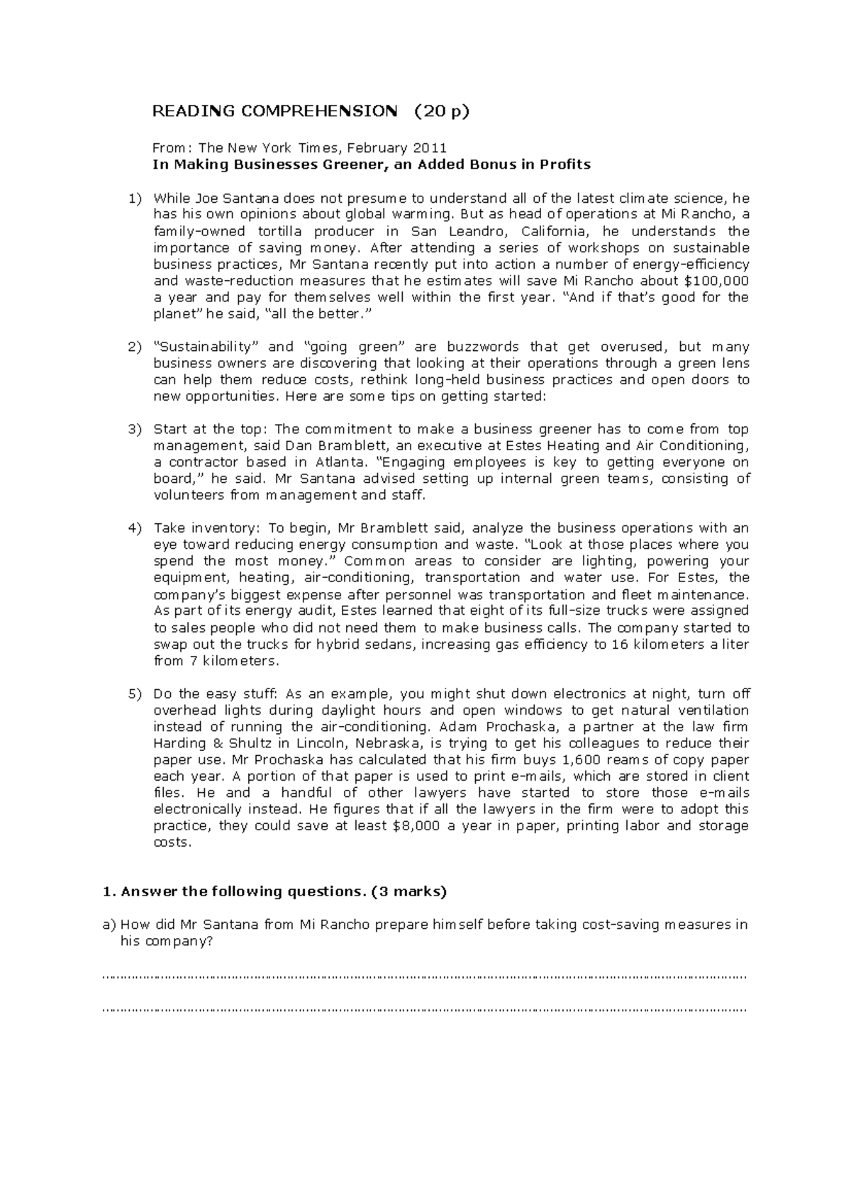 Reading Comprehension - Im Making Businesses Greener - READING ...