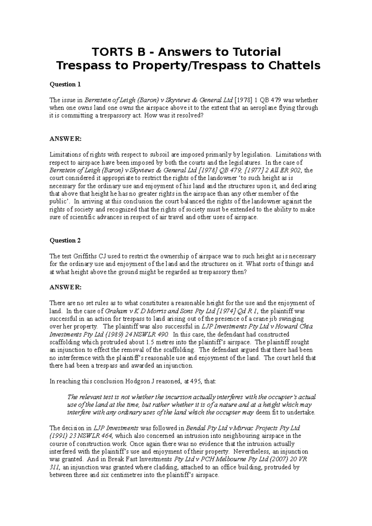 Trespass to Person:Chattels Tutorial - TORTS B - Answers to Tutorial Trespass to Property ...