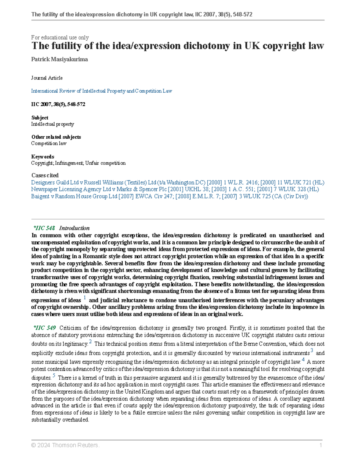 Article - The futility of the ideaexpression dichotomy in UK copyright ...