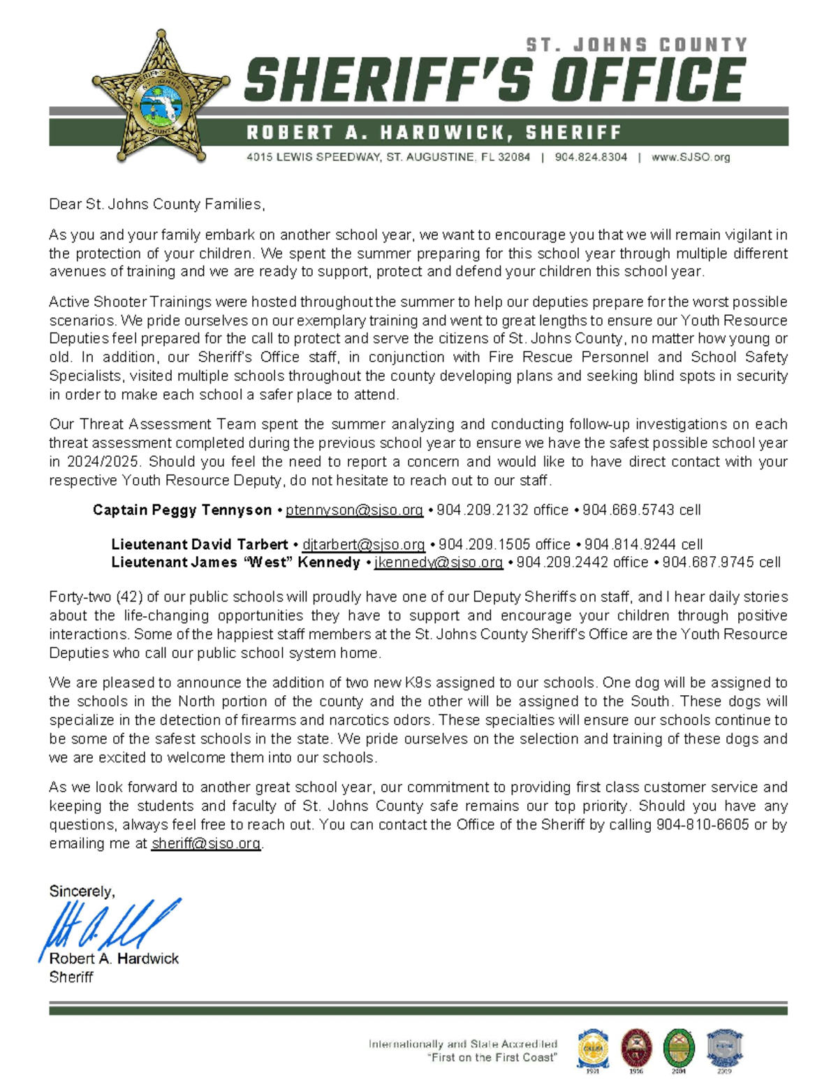 Sheriff Hardwick Letter 24-25 - done - Dear St. Johns County Families ...