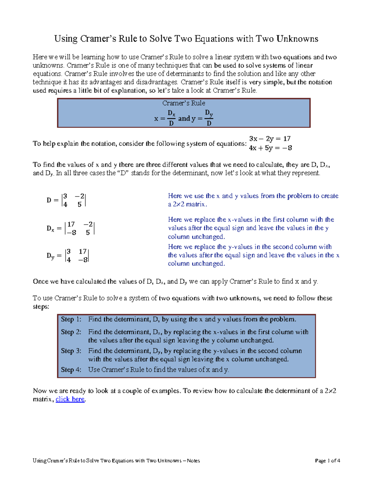 Q2 Lesson 2 Using Cramer's Rule to Solve Two Equations with Two ...