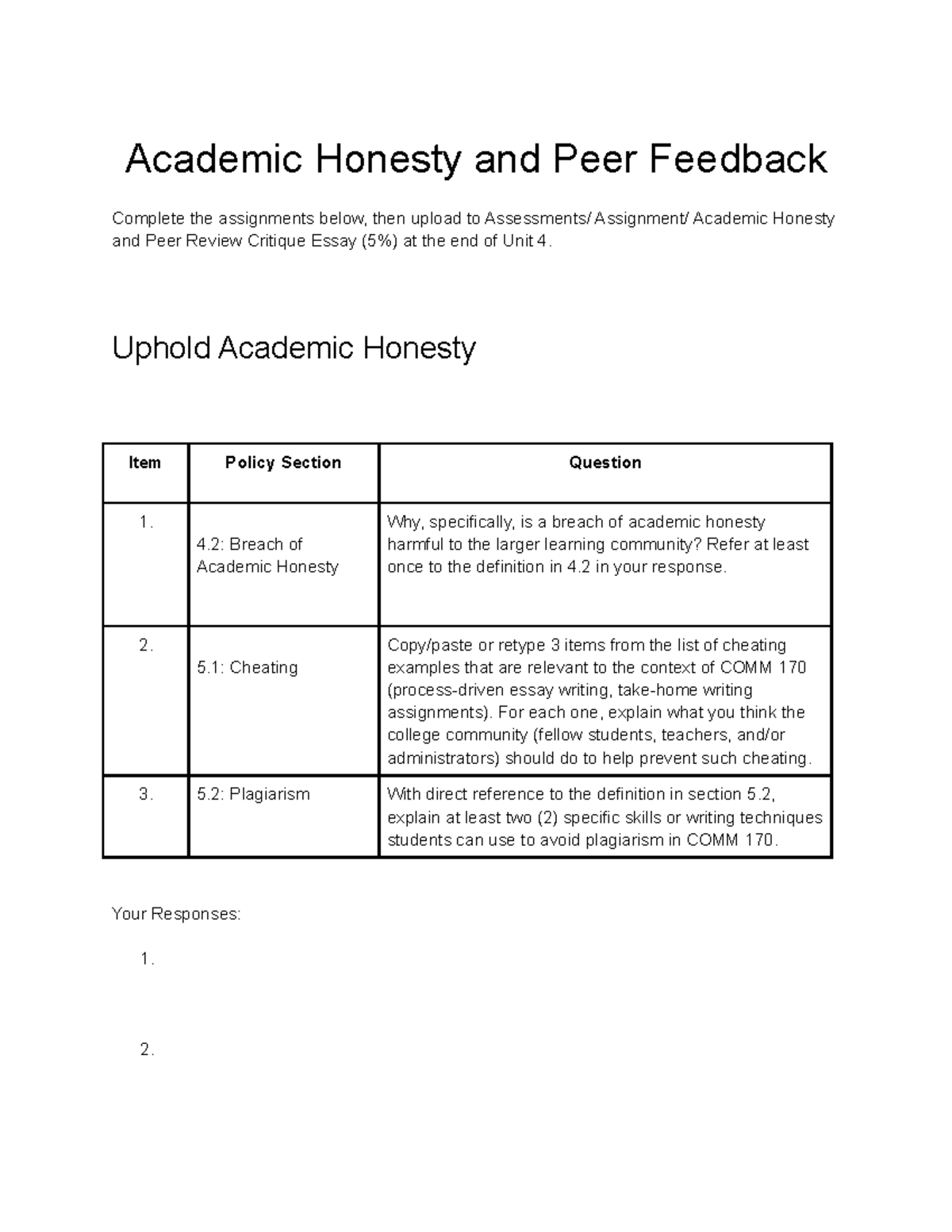 Academic Honesty and Peer Feedback Template 1 - Academic Honesty and ...