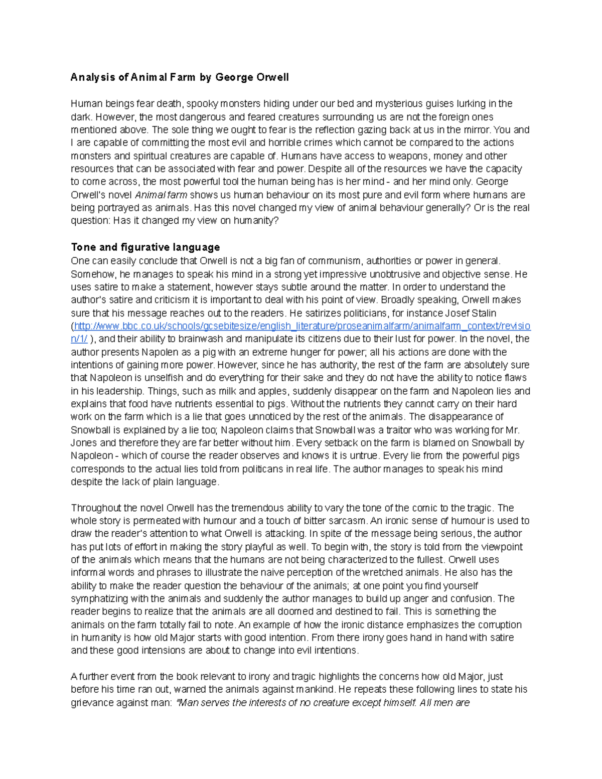 English essay - Betyg: A - Analysis of Animal Farm by George Orwell ...