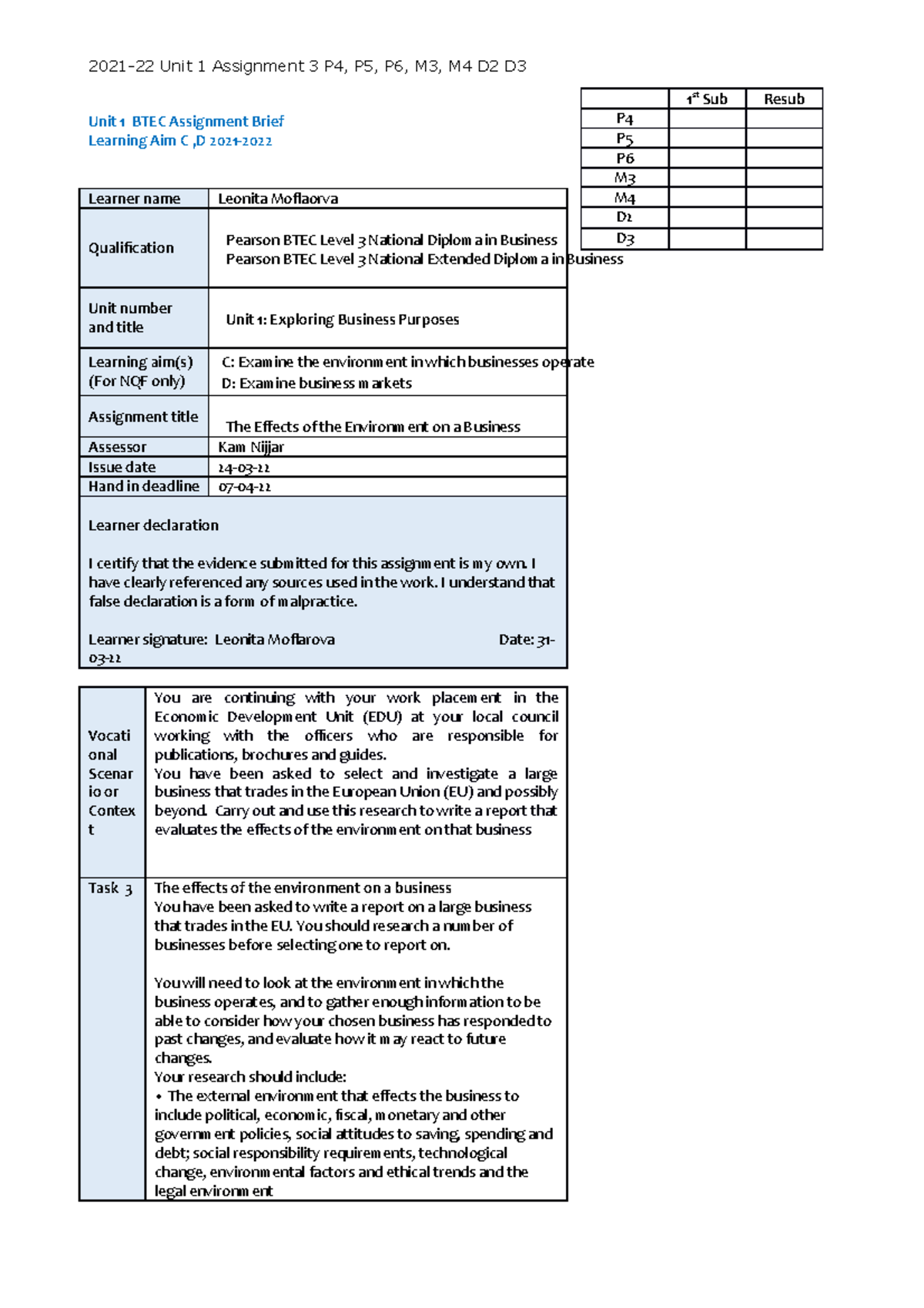 Unit1 assignment 3 - 2021-22 Unit 1 Assignment 3 P4, P5, P6, M3, M4 D2 ...
