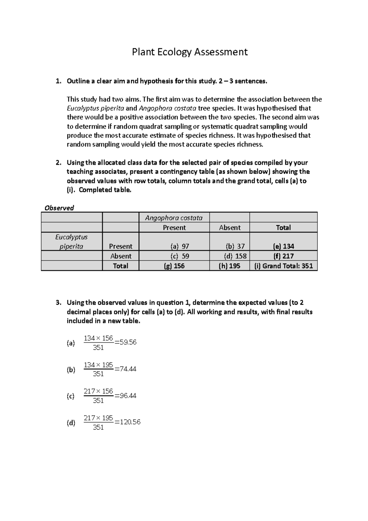 Ecology Plant Practical - Plant Ecology Assessment 1. Outline a clear ...