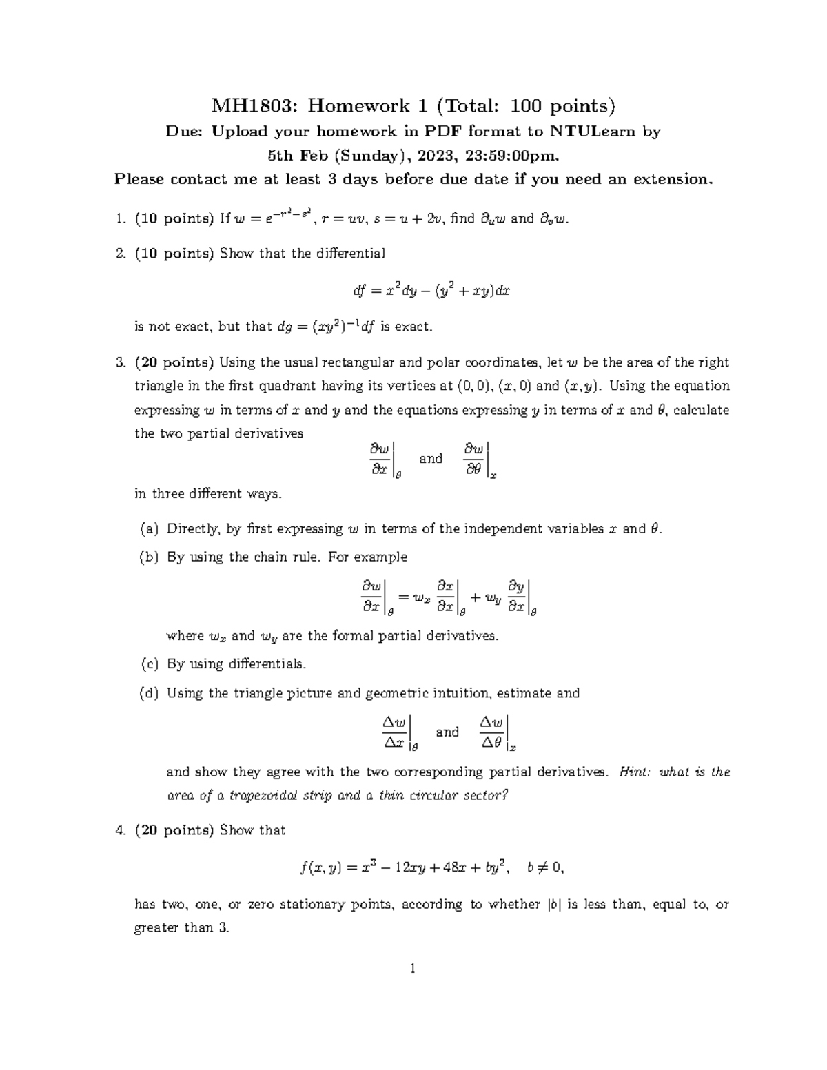 HW1 - Homework questions - MH1803: Homework 1 (Total: 100 points) Due: Upload your homework in ...