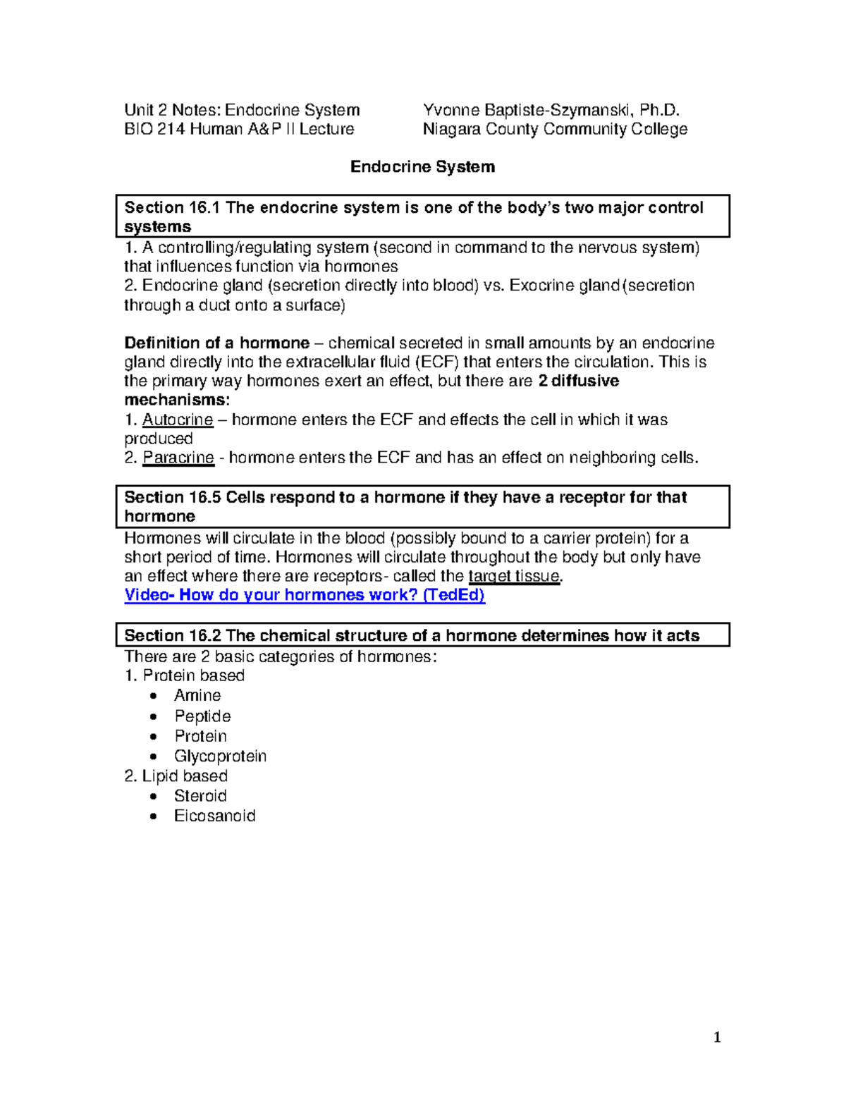 Endocrine system (bio 214) - Unit 2 Notes: Endocrine System Yvonne ...