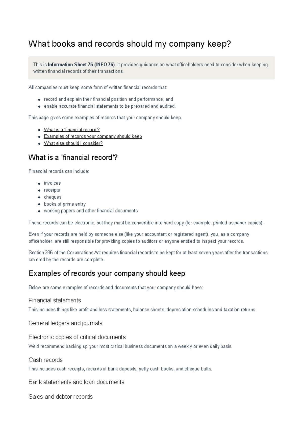 ASIC Information Sheet 76 (INFO 76) - What books and records should my ...