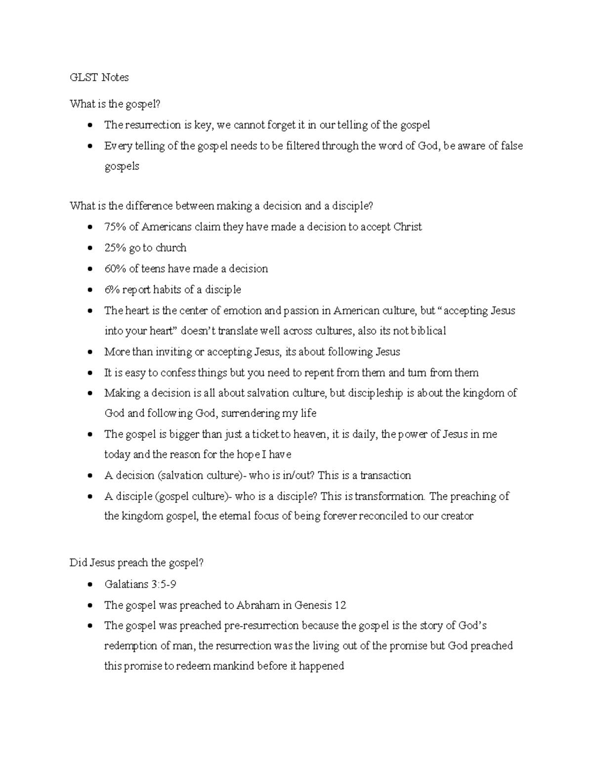 Midterm Exam Notes - GLST Notes What is the gospel? The resurrection is ...