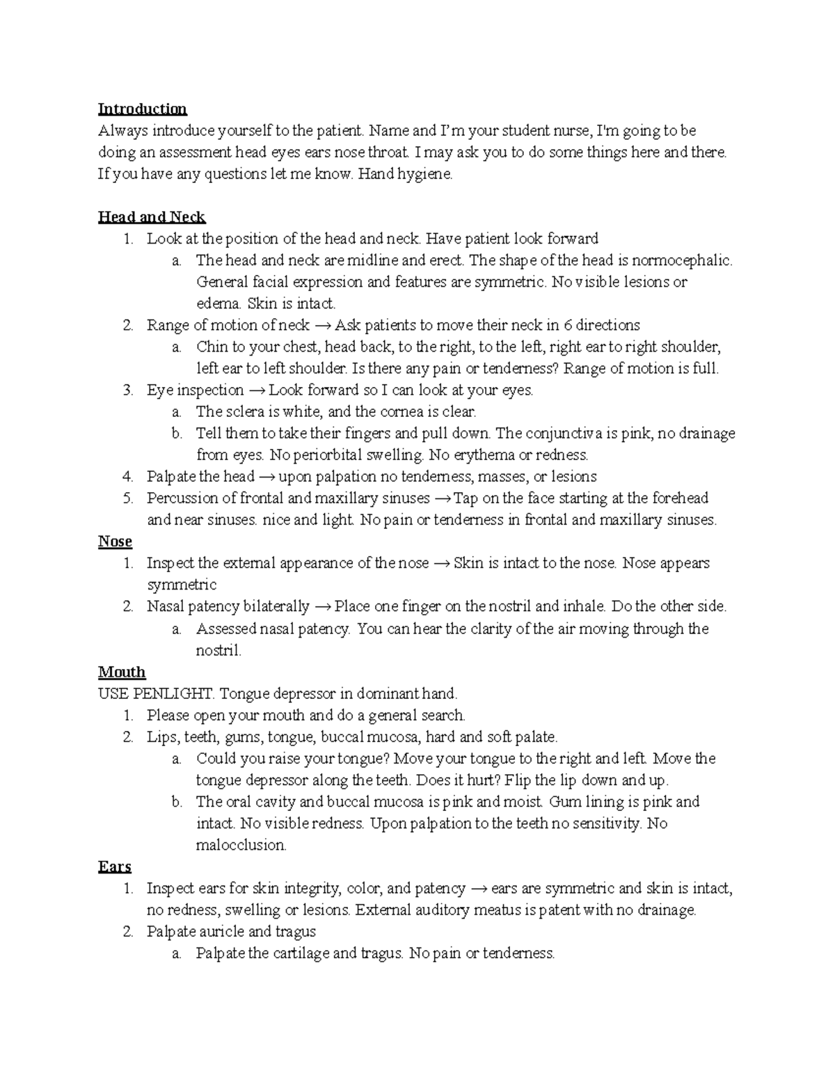 Heent Notes - Physical Assessment - Introduction Always introduce ...