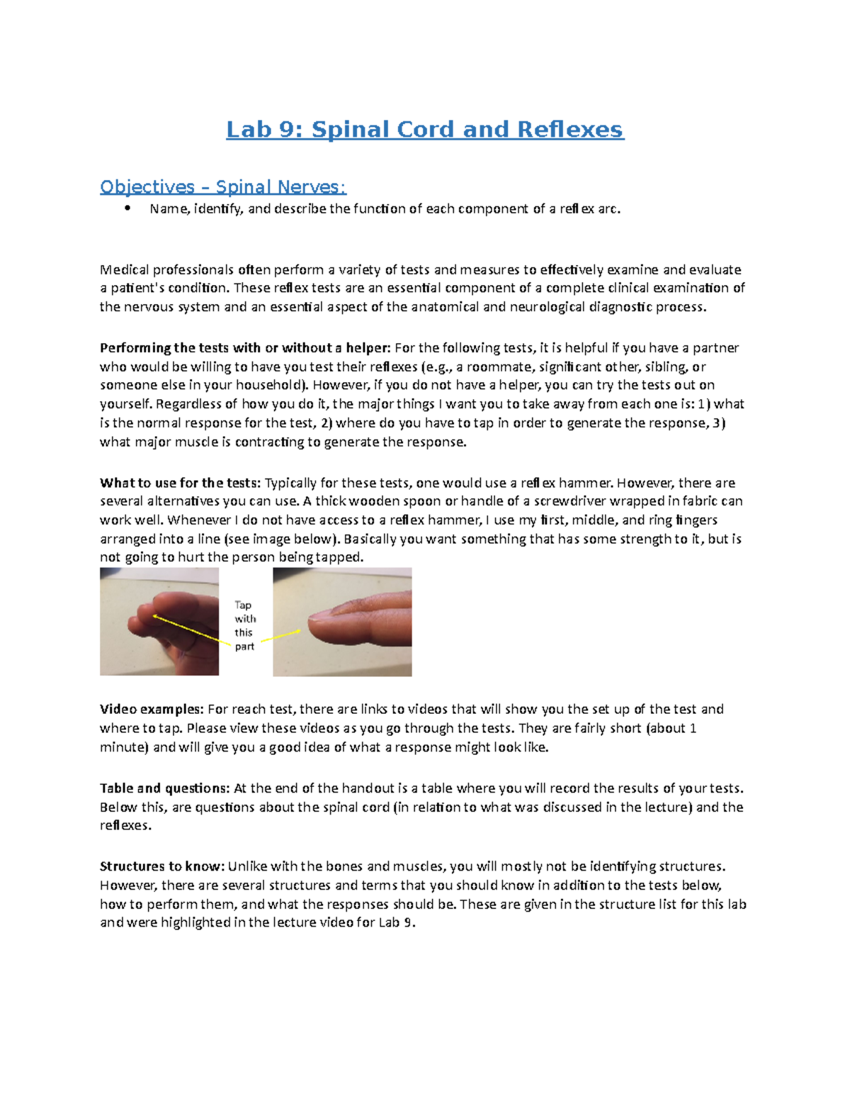 Lab 9 Spinal Cord and reflexes - Lab 9: Spinal Cord and Reflexes ...