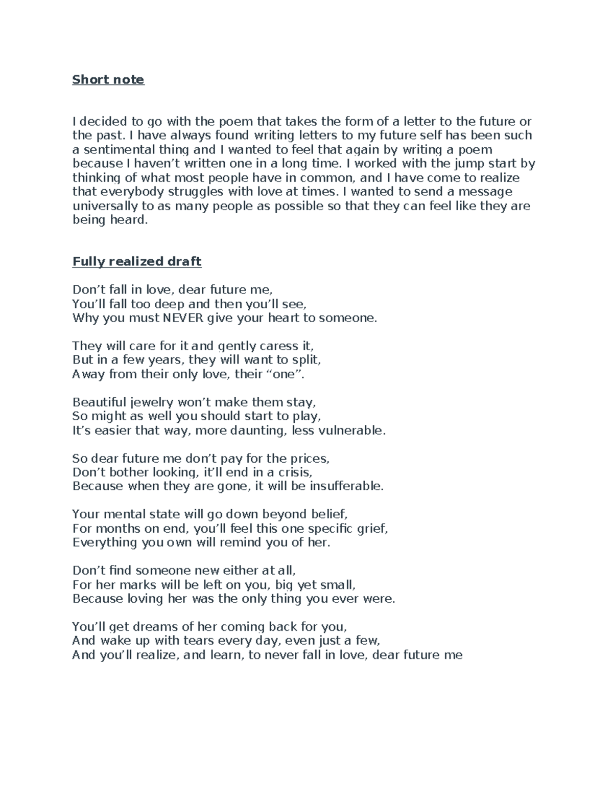 Defamiliarization sketch - Short note I decided to go with the poem ...