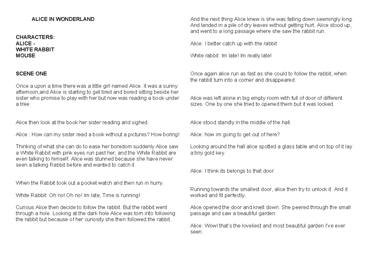 Alice IN Wonderland - ROLE PLAY SCRIPT - ALICE IN WONDERLAND CHARACTERS ...