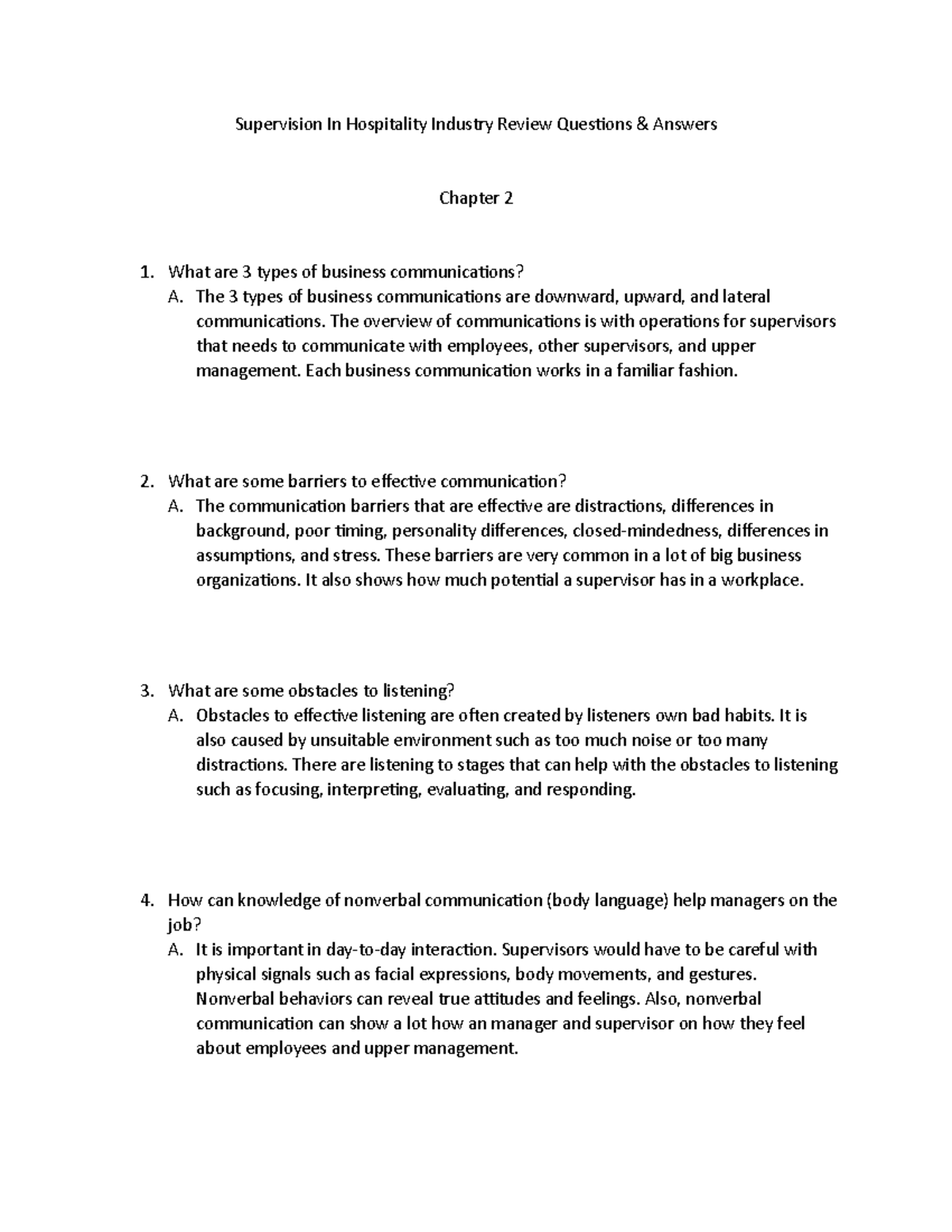 Supervision In Hospitality Industry Review Questions Chapter 2 - The 3 ...