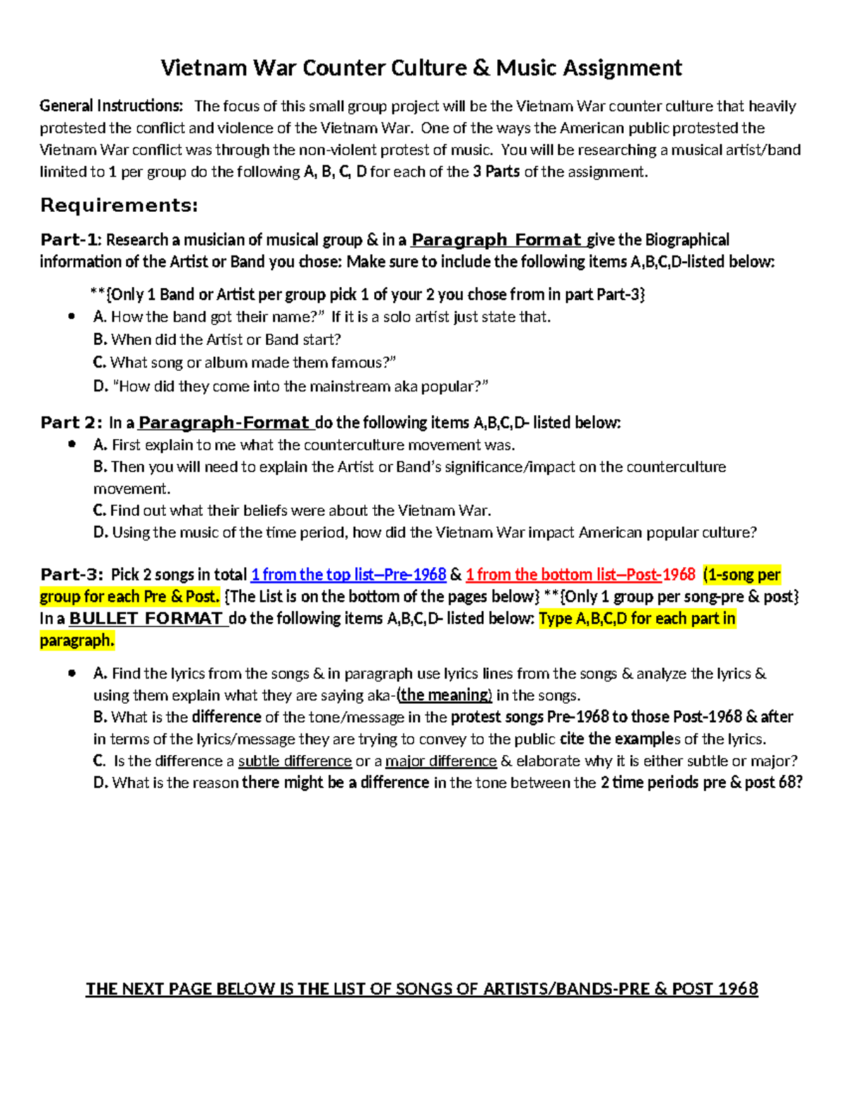 Song Assignment Gabby S+M - Vietnam War Counter Culture & Music ...