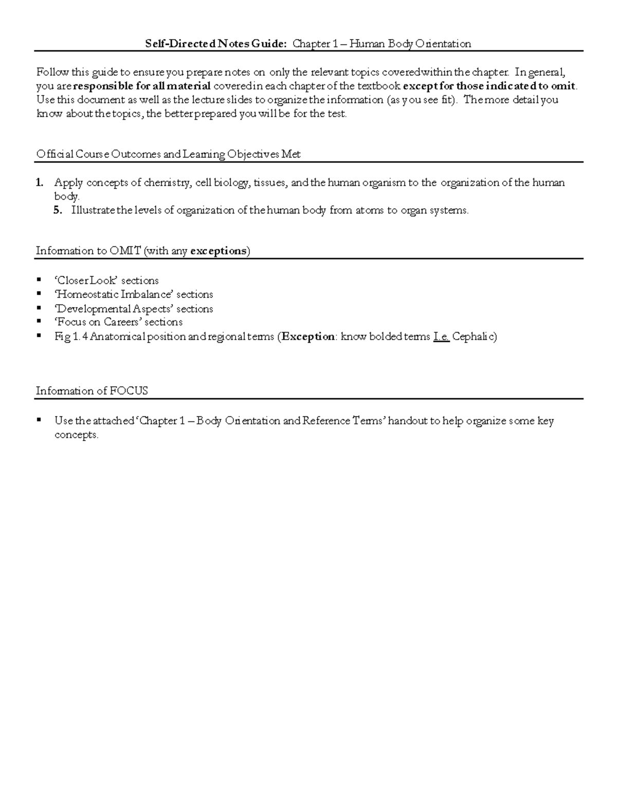 Self-Directed Notes Guide (Chapter 1 - Human Body Orientation) - Self ...