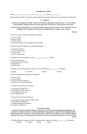 Screening TEST - Grade 4 - NAME ...