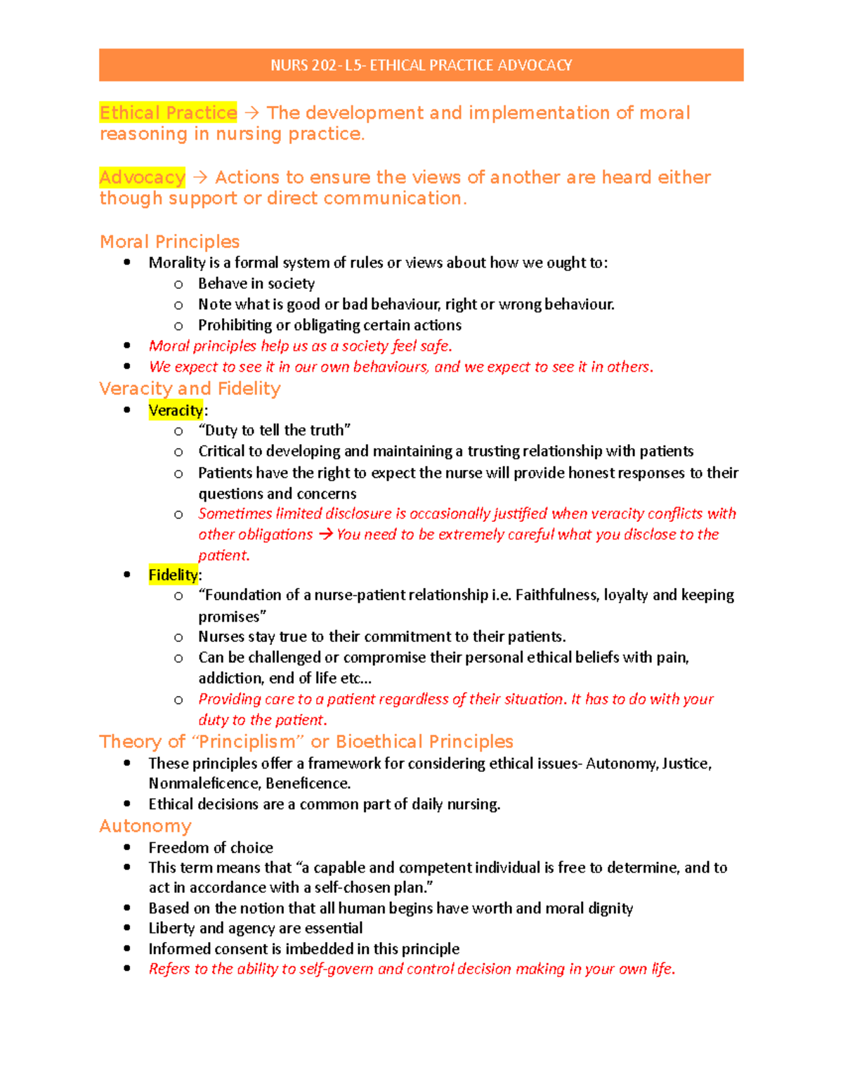 L5- Ethics - Lecture notes 5 - NURS 202- L5- ETHICAL PRACTICE ADVOCACY ...