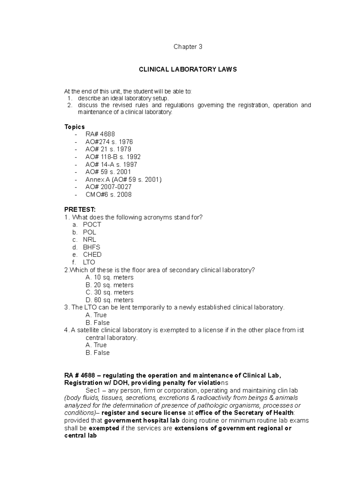 MTLE Chptr 3 Clin Lab Laws - Chapter 3 CLINICAL LABORATORY LAWS At the ...