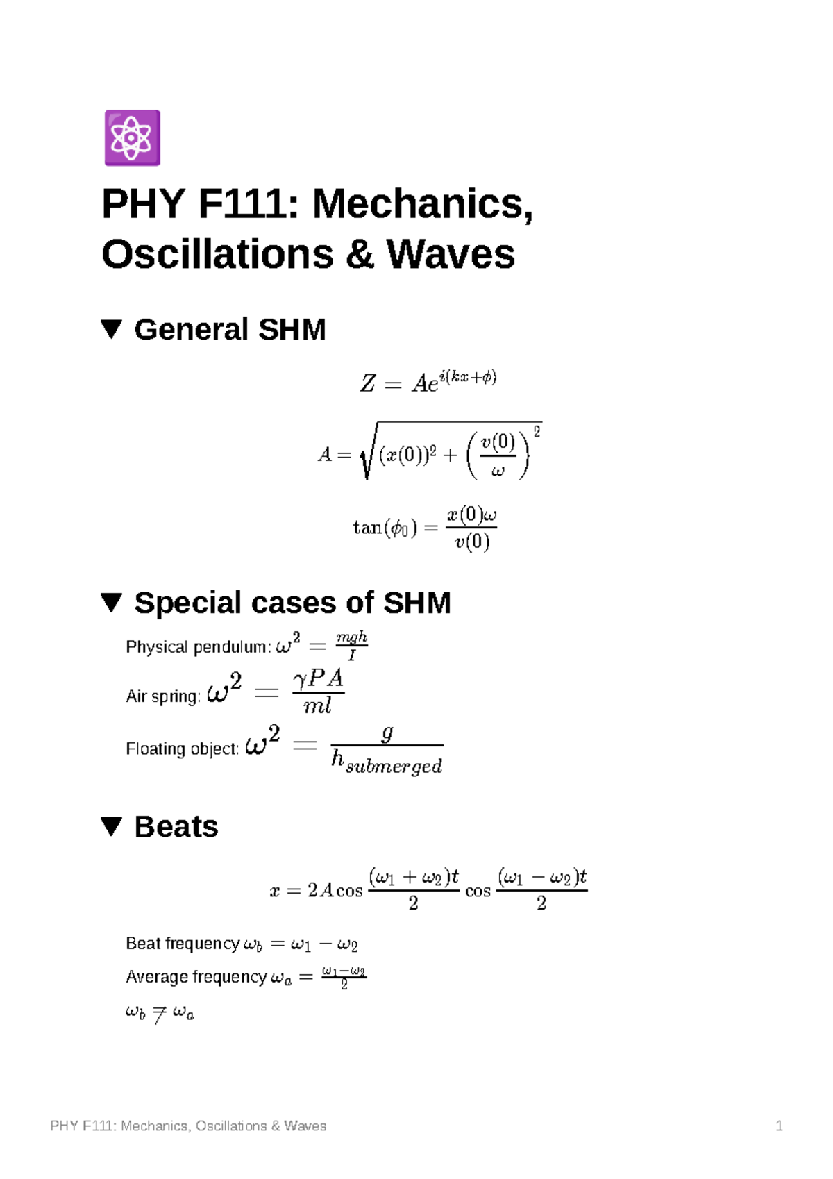 MOW Cheatsheet (Osc and Waves) - ⚛ PHY F111: Mechanics, Oscillations & Waves General SHM Special ...