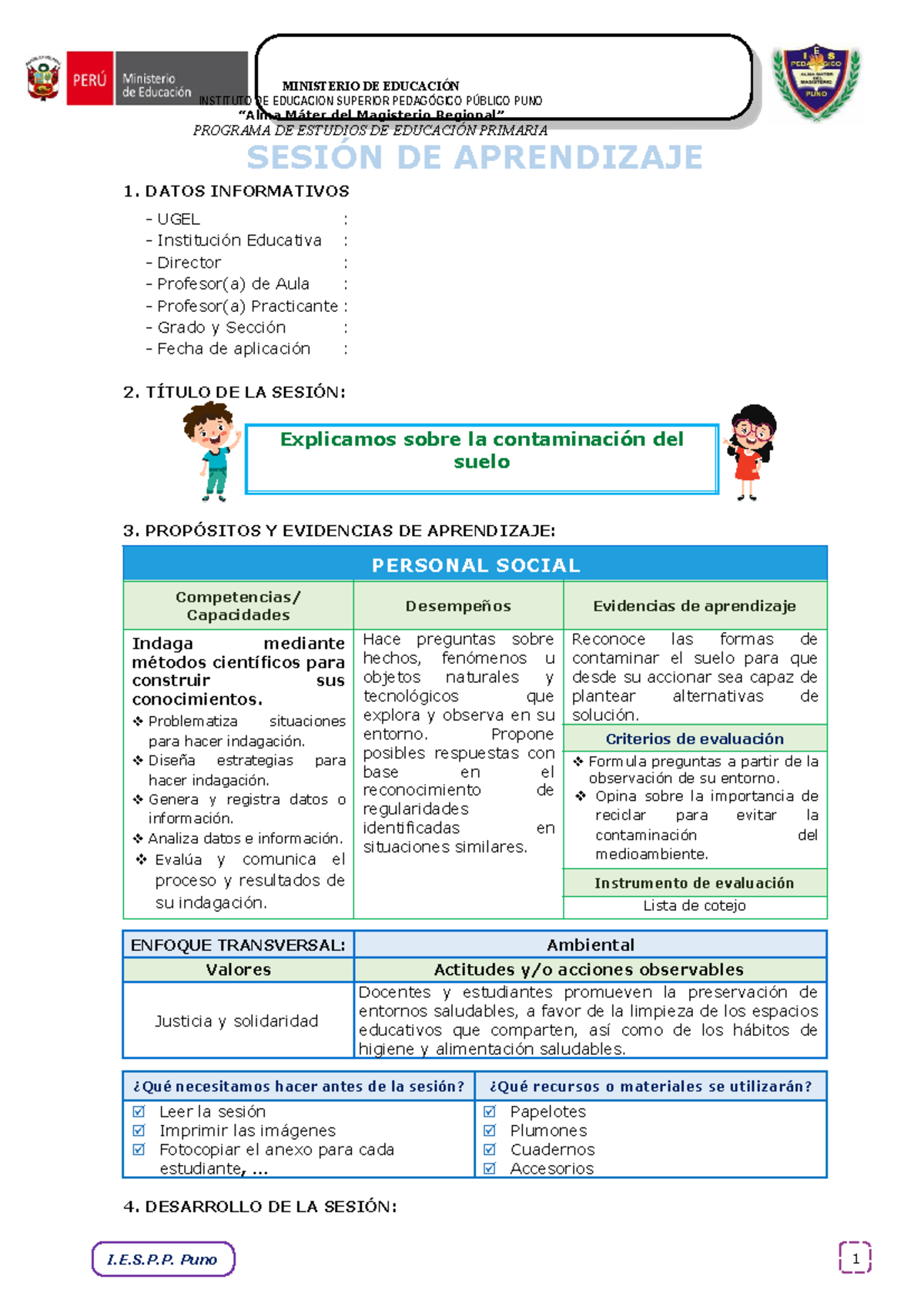 Modelo DE Sesión DE Aprendizaje - INSTITUTO DE EDUCACION SUPERIOR PEDAGÓGICO PÚBLICO PUNO “Alma ...