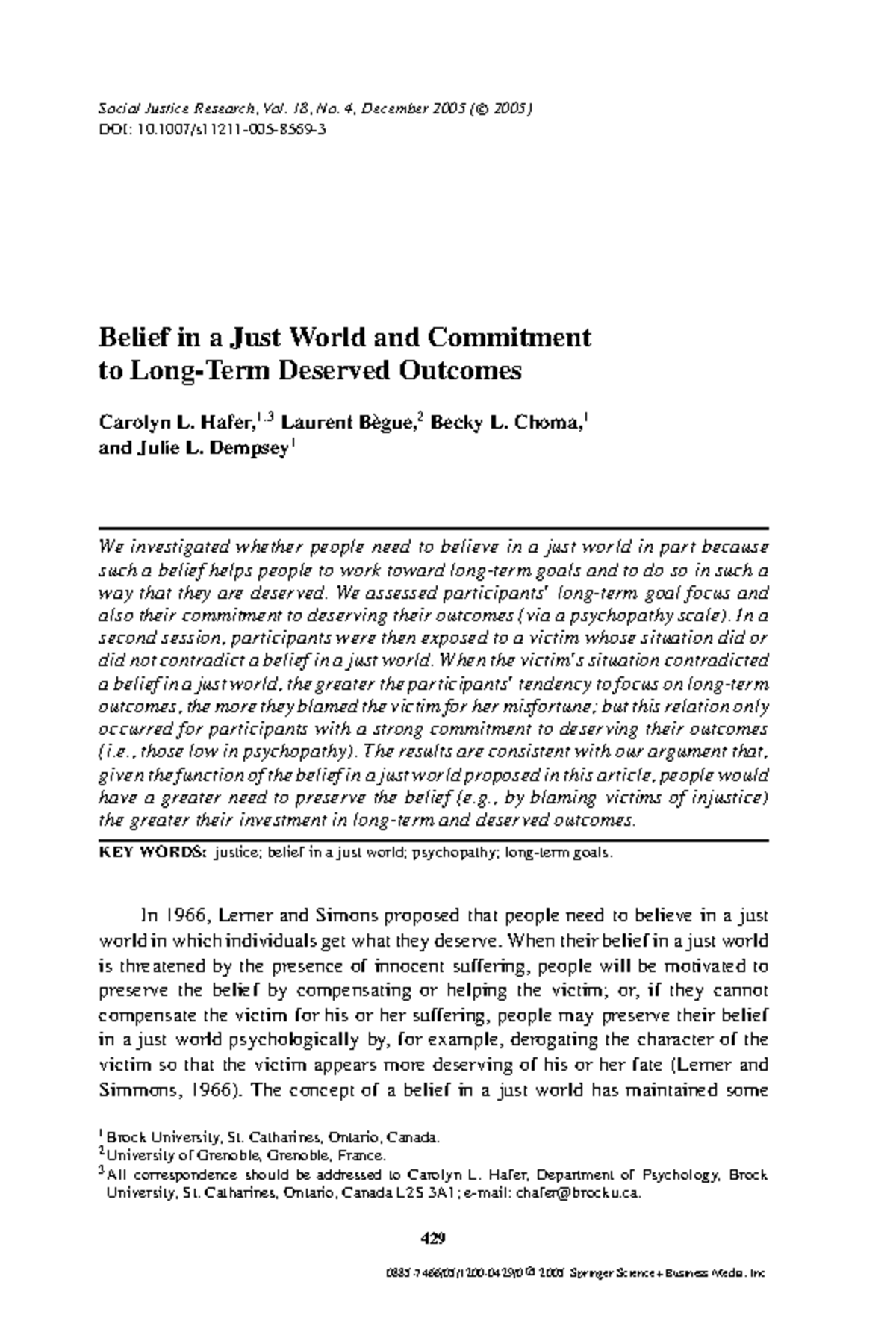 Belief in a Just World and Commitment to - Social Justice Research, Vol ...