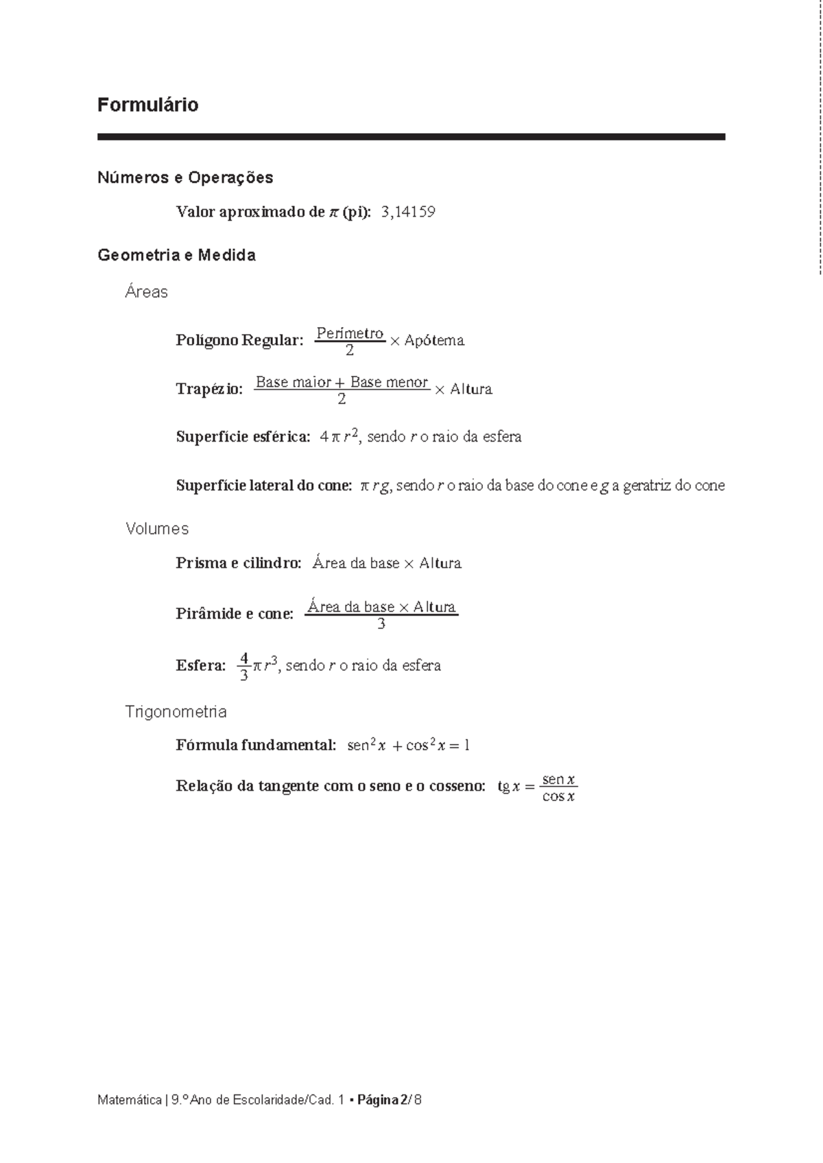 Formulário de matemática (9º ano) - Matemática | 9.º Ano de ...