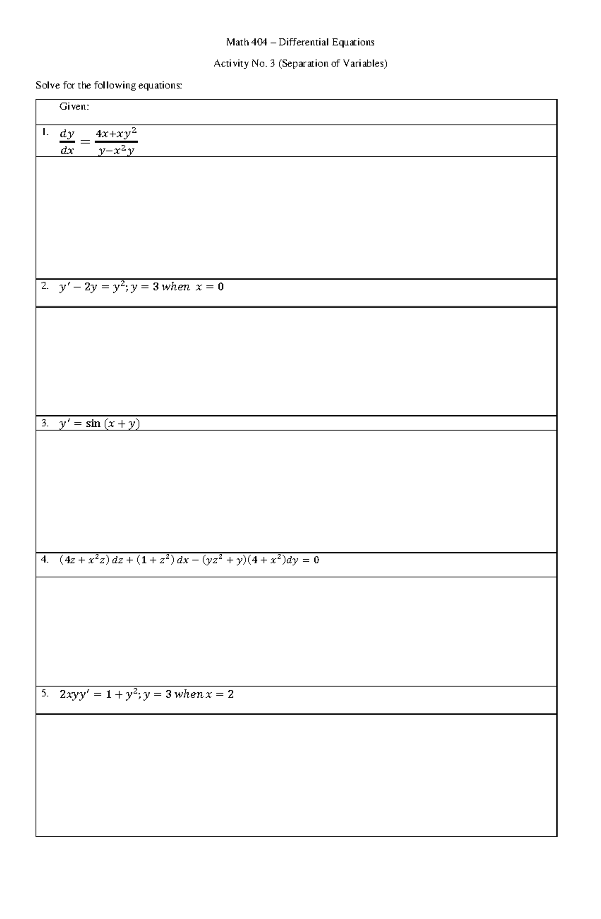 Activity 3 Separation of Variables - Math 404 – Differential Equations ...