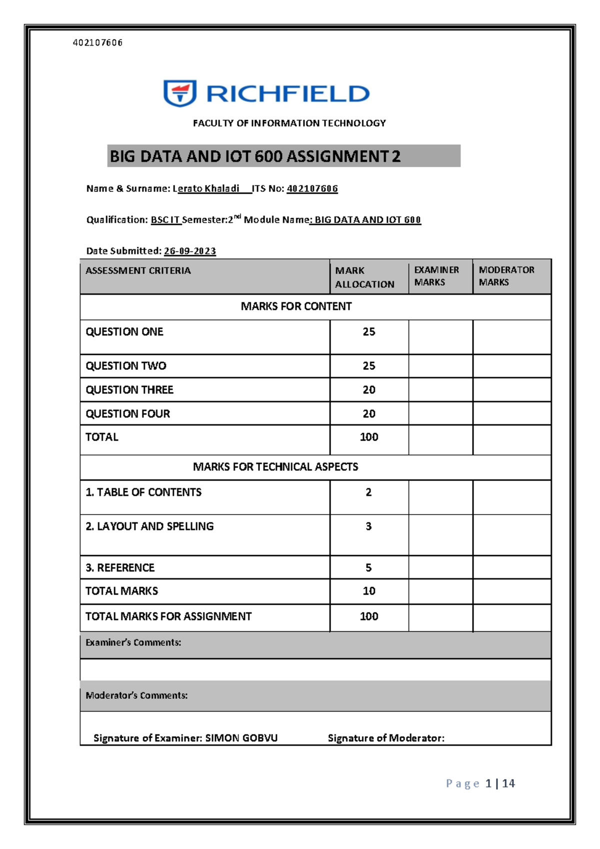 Lerato Khaladi Assignment 2 - FACULTY OF INFORMATION TECHNOLOGY BIG ...