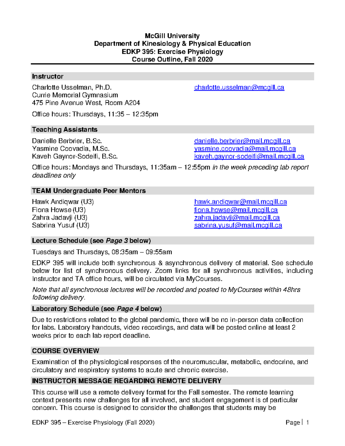 Exercise physiology - Course outline - McGill University Department of ...