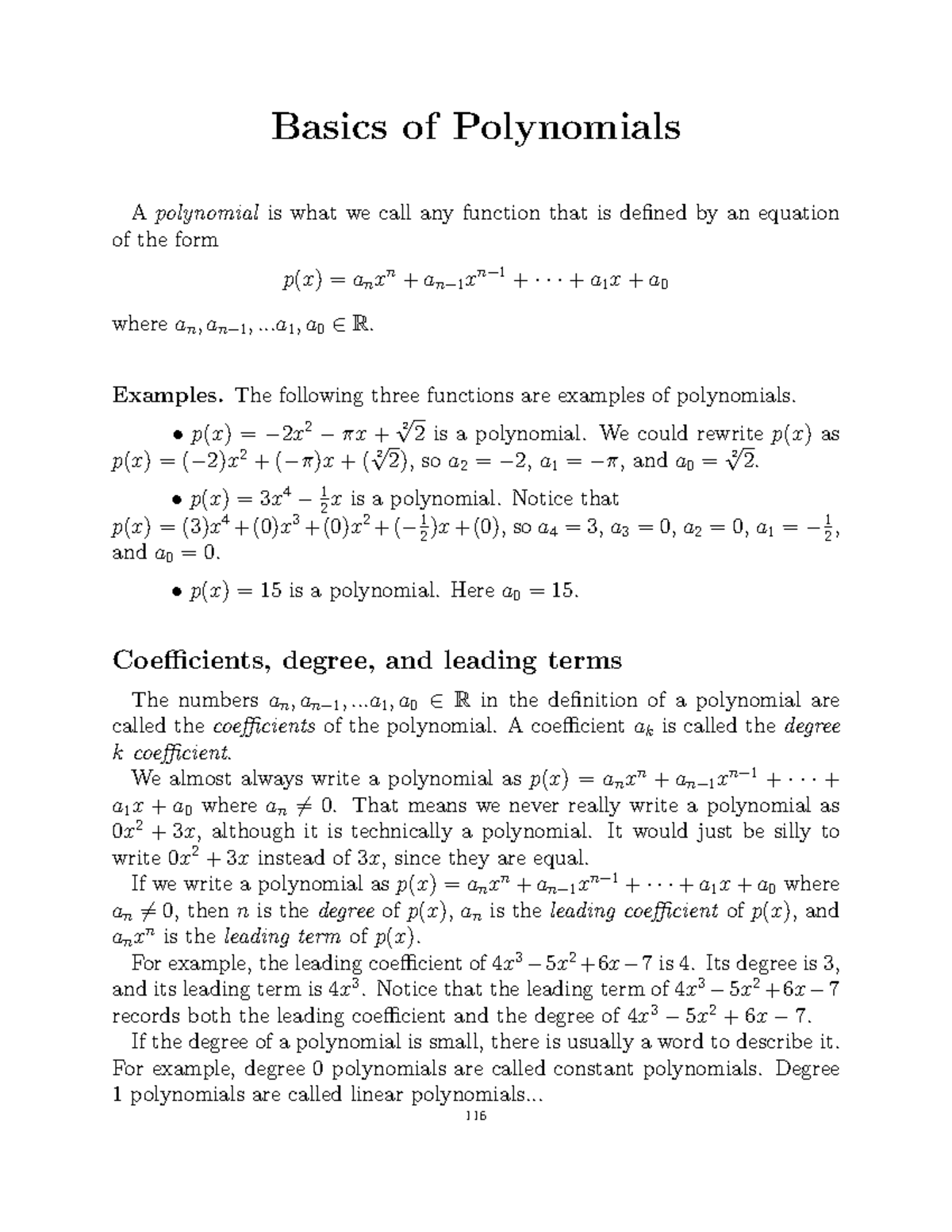 0659 basics of polynomials - Basics of Polynomials Apolynomial is what we call any function that ...