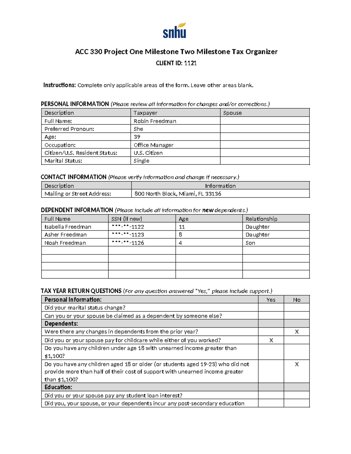 ACC 330 Project One Milestone Two Tax Organizer Client 1121 - ACC 330 ...