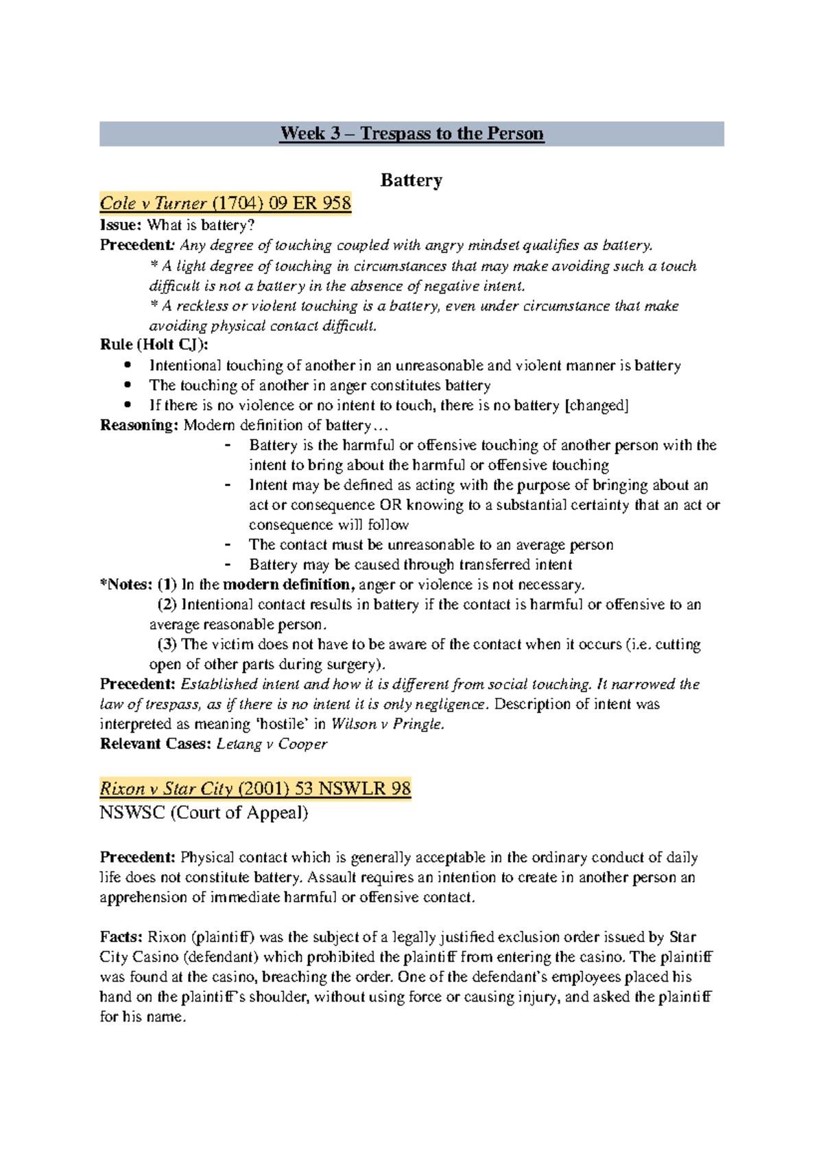 LAWS1012 - Battery Case Notes - Cases on Torts - Week 3 Trespass to the ...