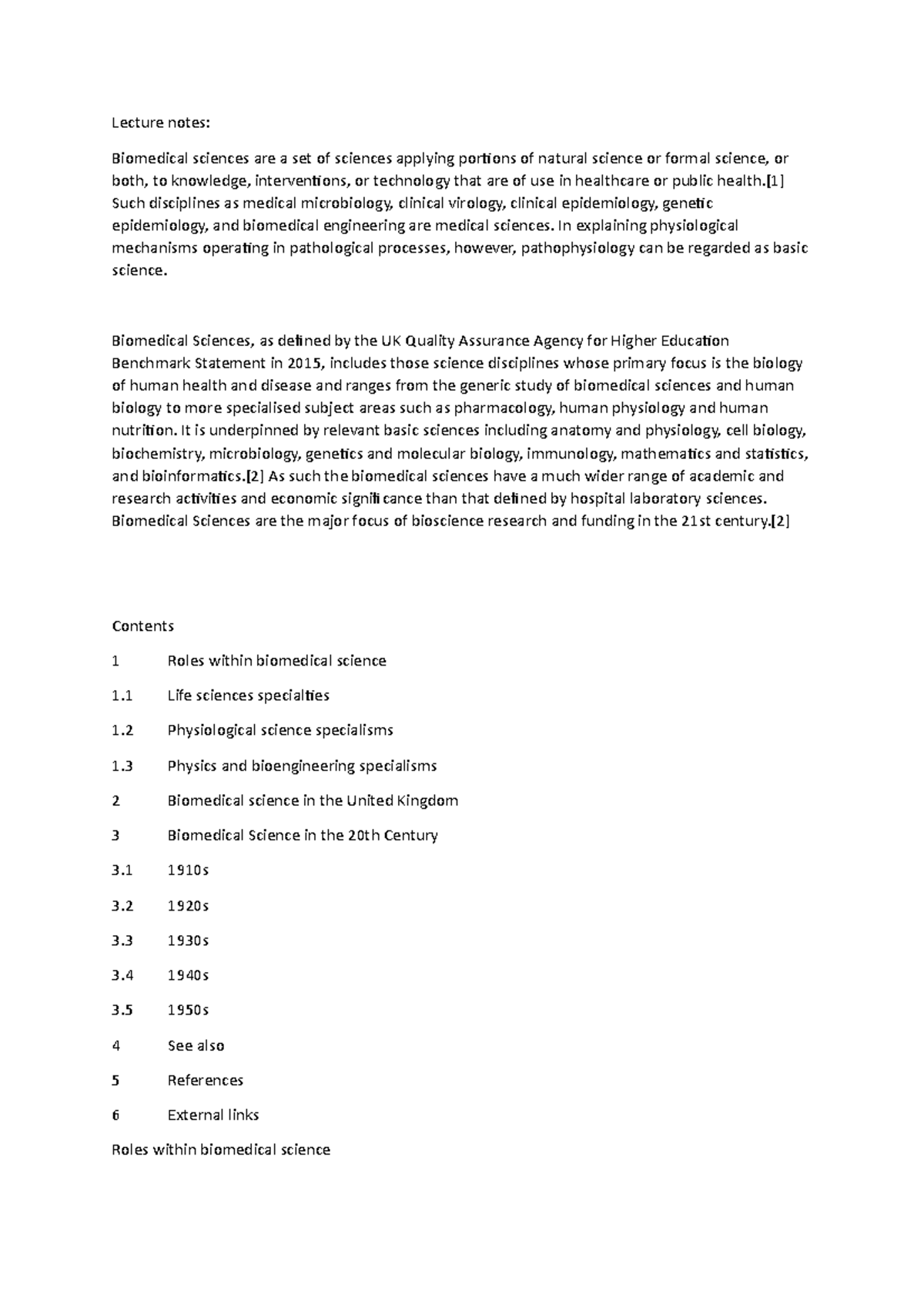 Biomedical Lecture - Lecture notes: Biomedical sciences are a set of ...