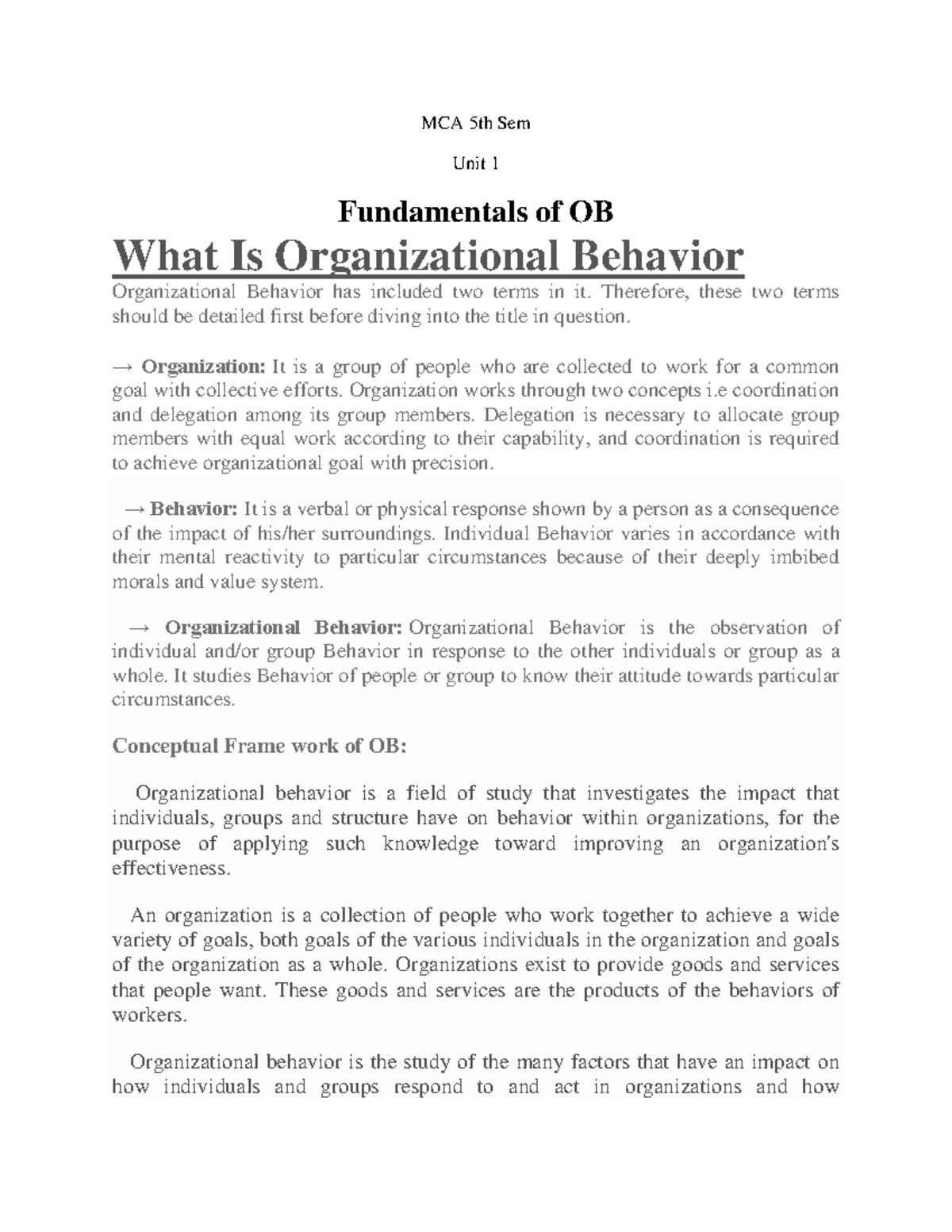 Ob notes - MCA 5th Sem Unit 1 Fundamentals of OB What Is Organizational ...