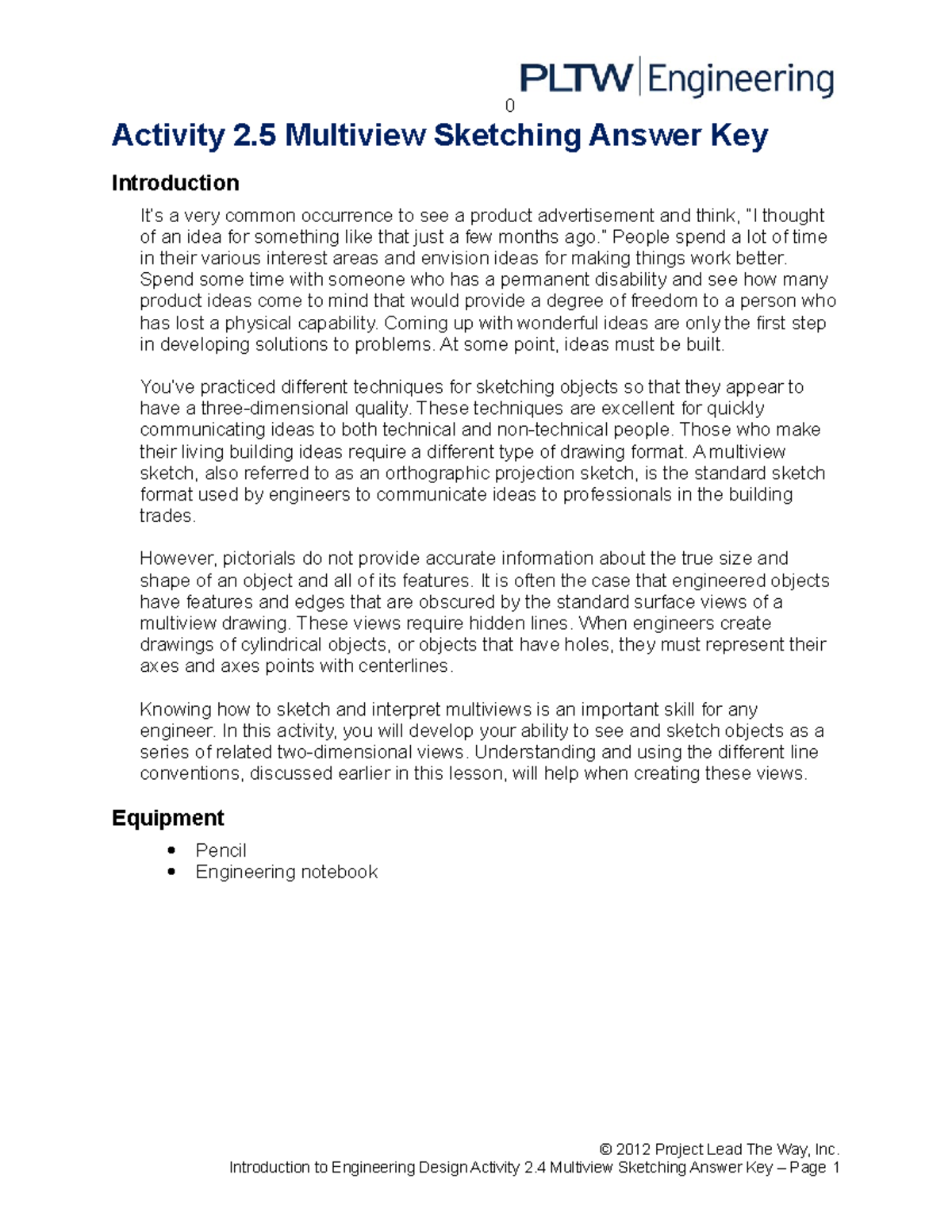 2.4.A.AK Multiview Sketching Answer Key 2 - 0 Activity 2 Multiview ...